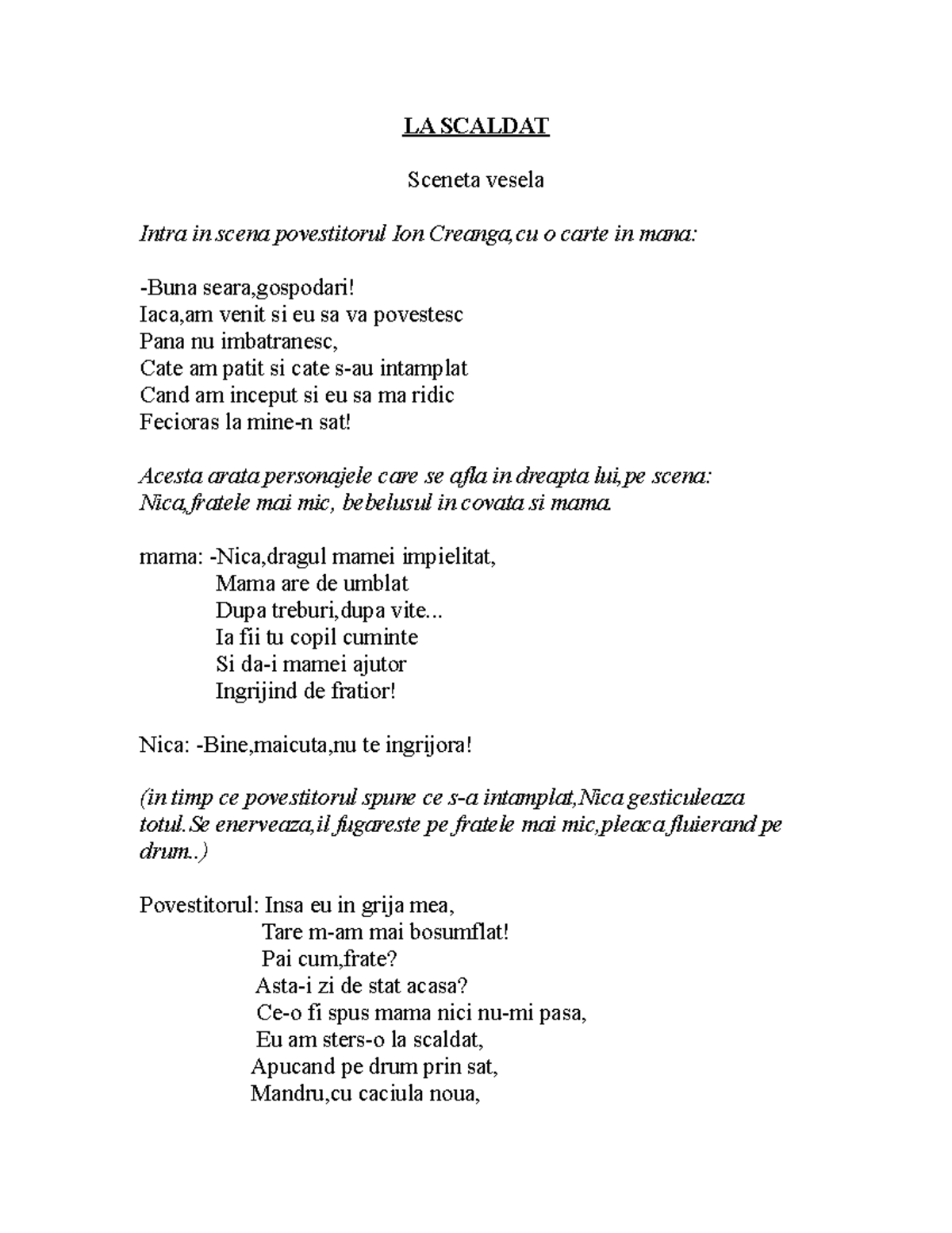 Sceneta „La scaldat” de Ion Creangă - Analiză și Interpretare - Studocu