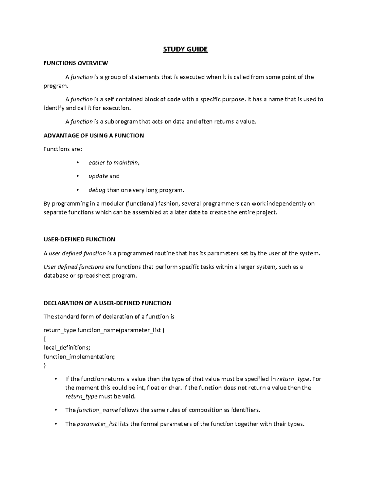 [M7- Guide] - lecture - STUDY GUIDE FUNCTIONS OVERVIEW A function is a ...