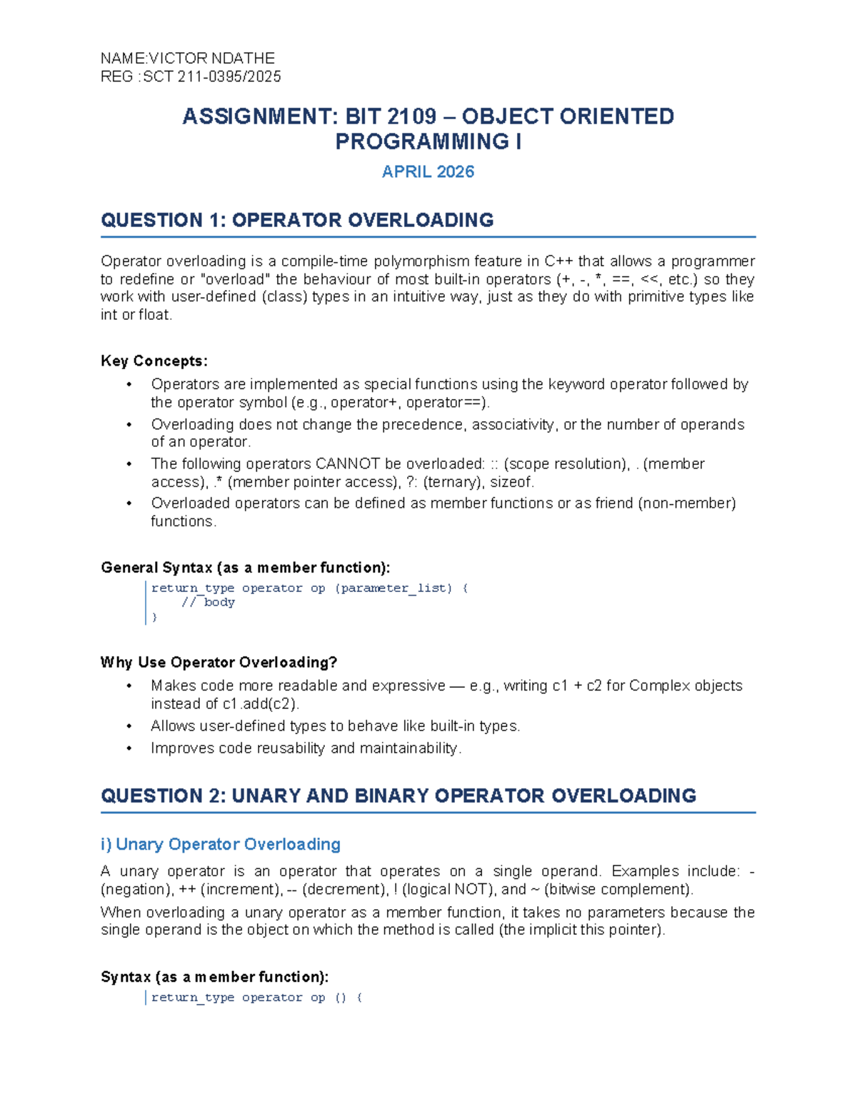BIT 2109 Assignment: Operator and Constructor Overloading in OOP - Studocu