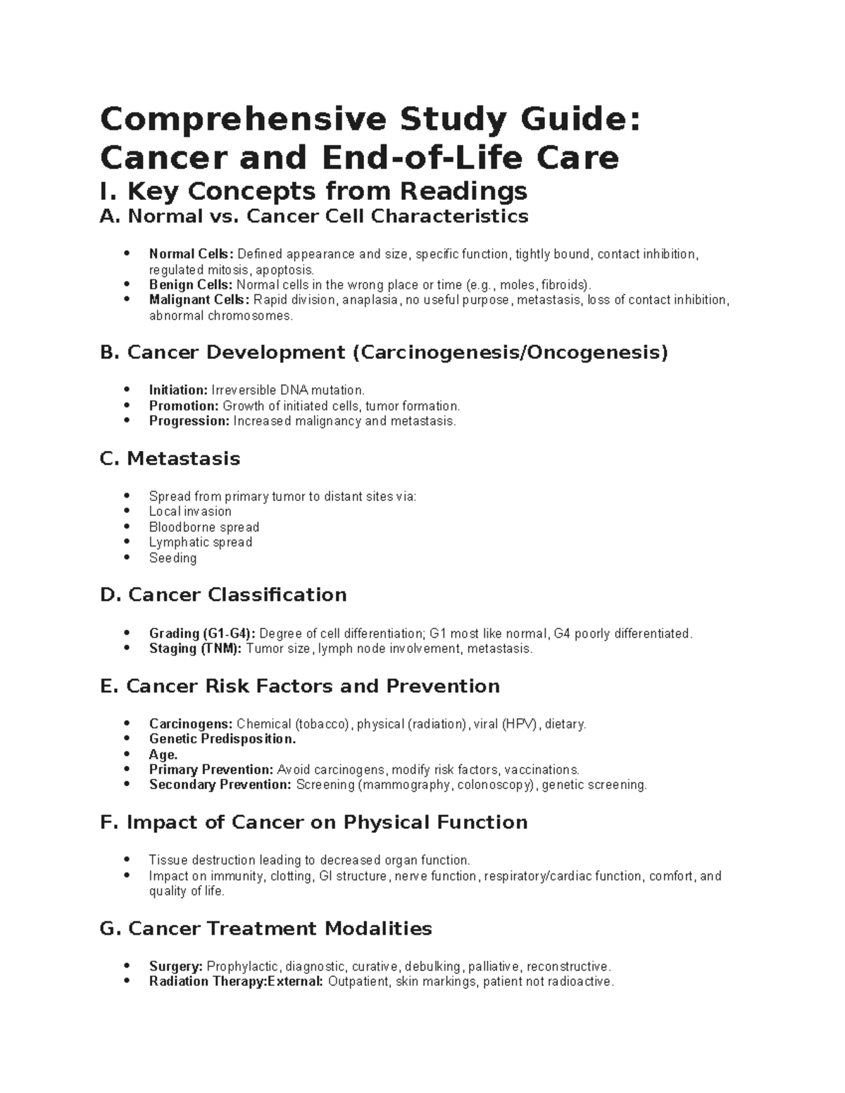 Comprehensive Study Guide on Cancer and End-of-Life Care (NURS 301 ...