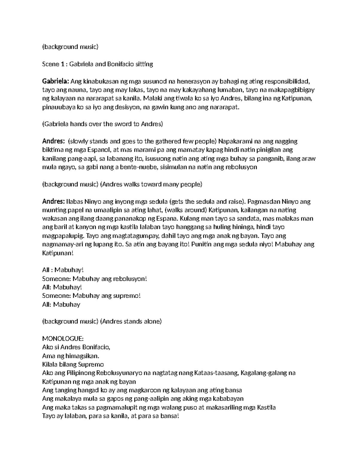 Andres Bonifacio - (background music) Scene 1 : Gabriela and Bonifacio ...