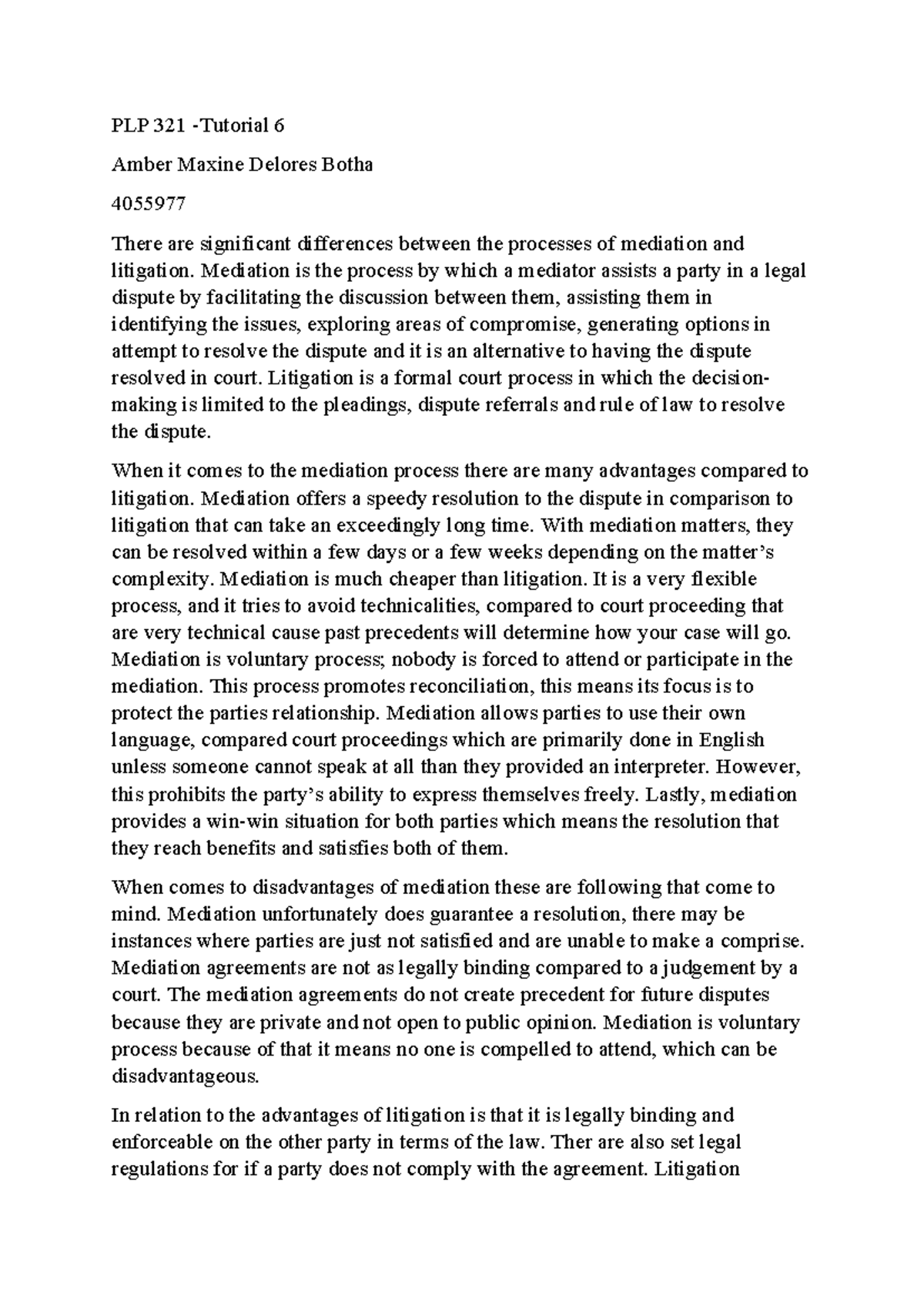 PLP Tut 6 4055977 - Tutorial 6 answer - PLP 321 -Tutorial 6 Amber ...