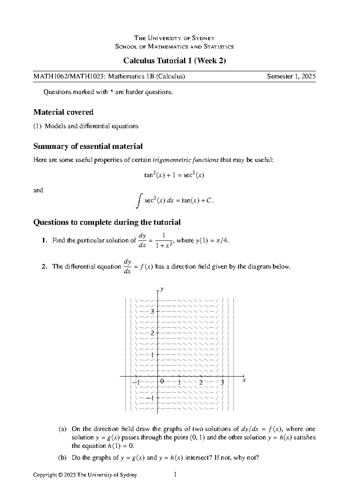 Mathematics 1B (Calculus) Semester 1, 2025: Weeks 1-6 Tutorial Questions - Studocu