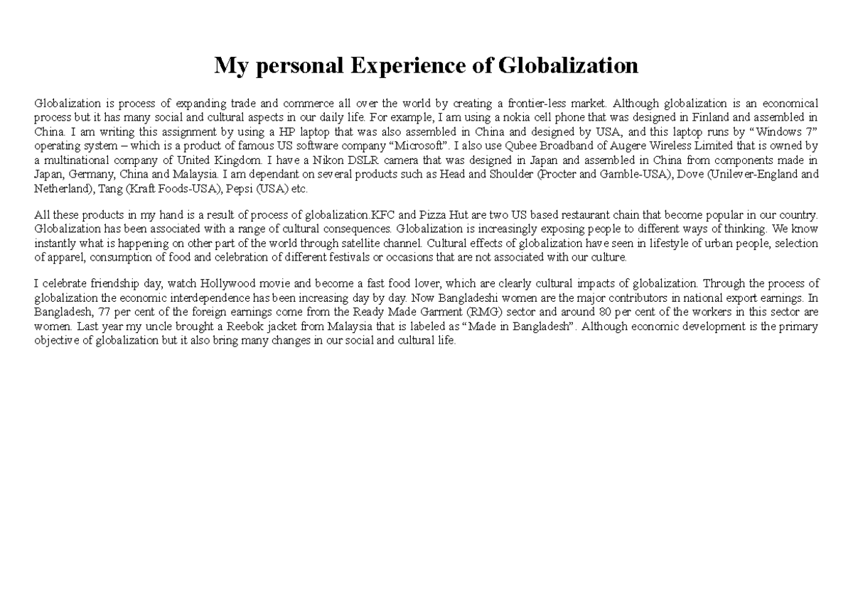 Personal Reflections on Globalization: An Experience Overview - Studocu