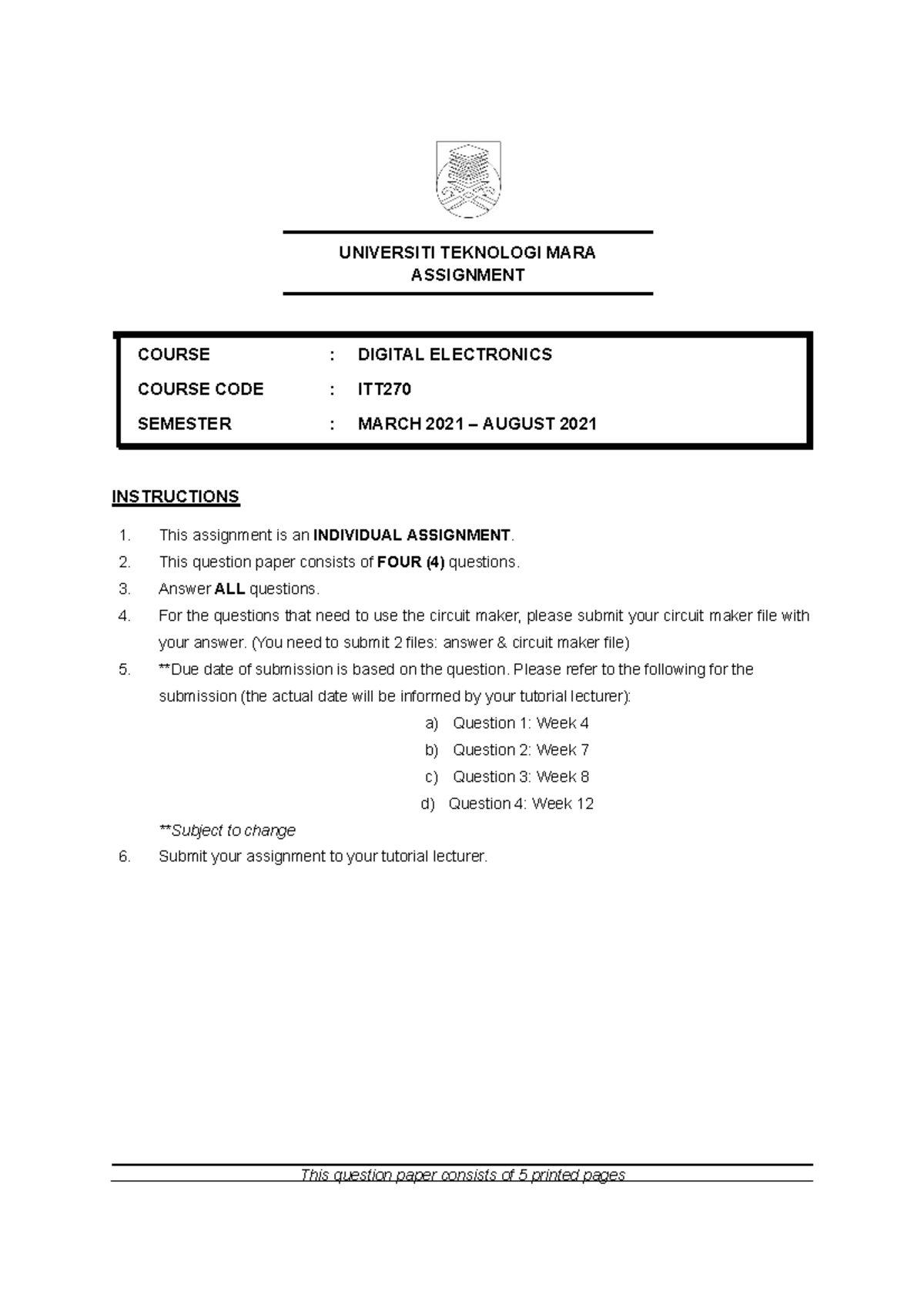 ITT270 Digital Electronics Individual Assignment - AND/NOR Gate Review - Studocu