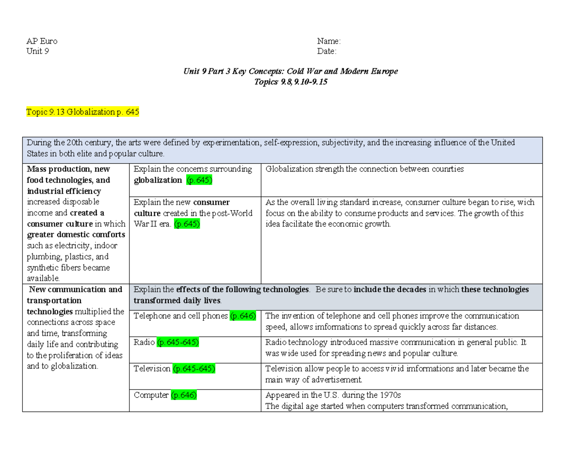 AP Euro Unit 9: Cold War, Modern Europe & Cultural Shifts (Topics 9.8-9 ...