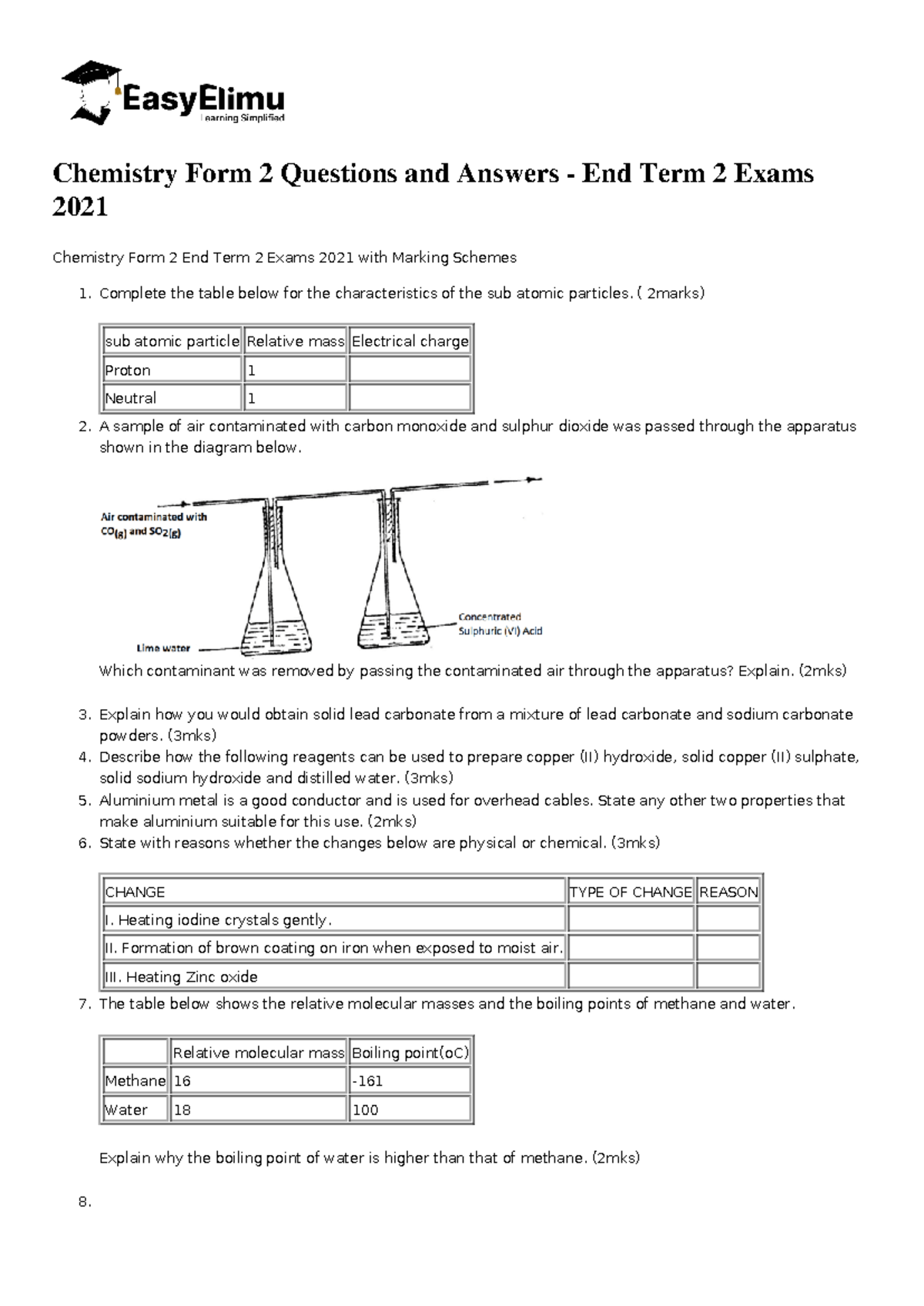 Hs Chemistry Form 2 End Term 2 Exams 2021 Q&A with Marking Scheme - Studocu