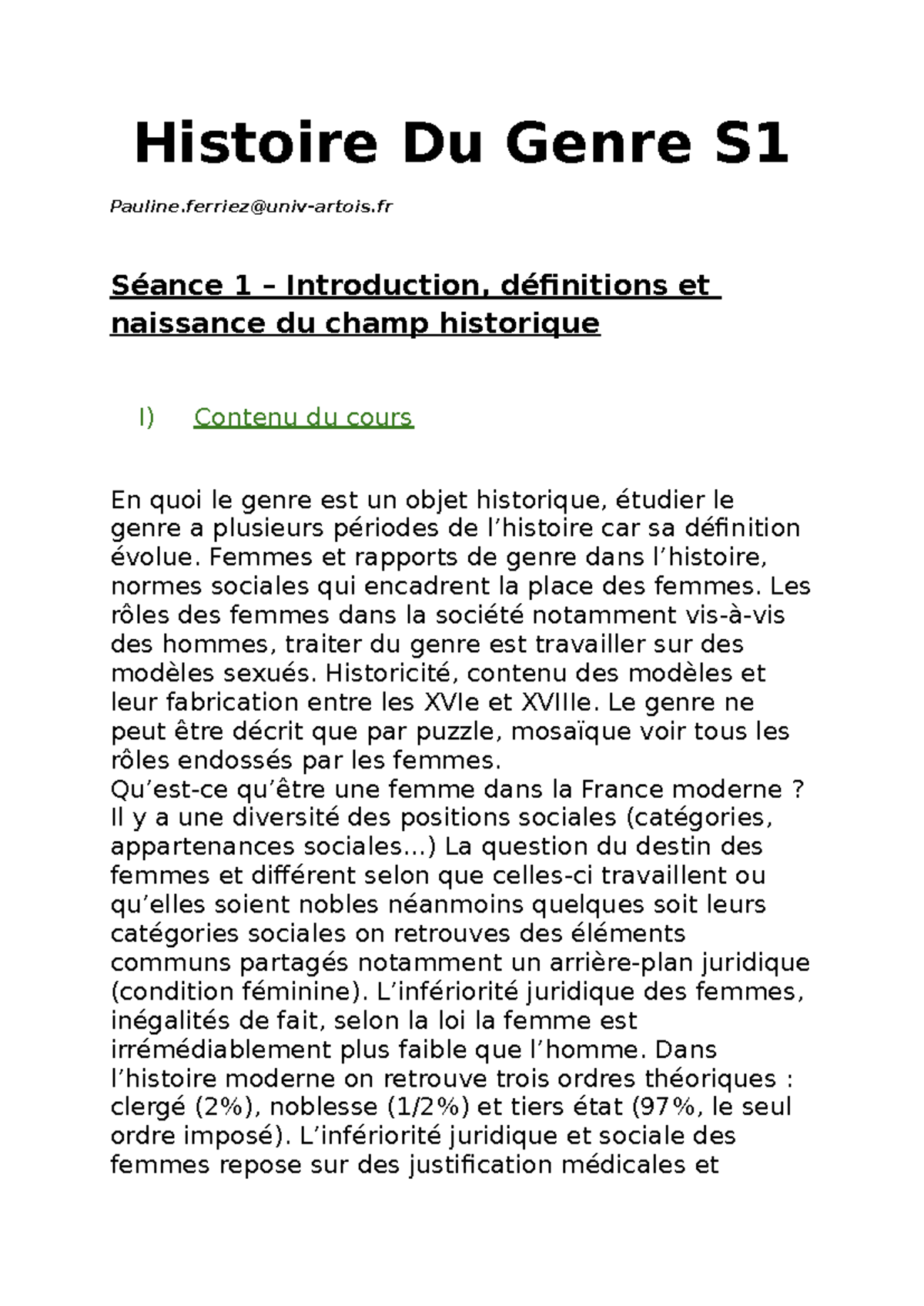 Histoire du Genre S1 - Séance 1 : Introduction et Évolution des Rôles ...