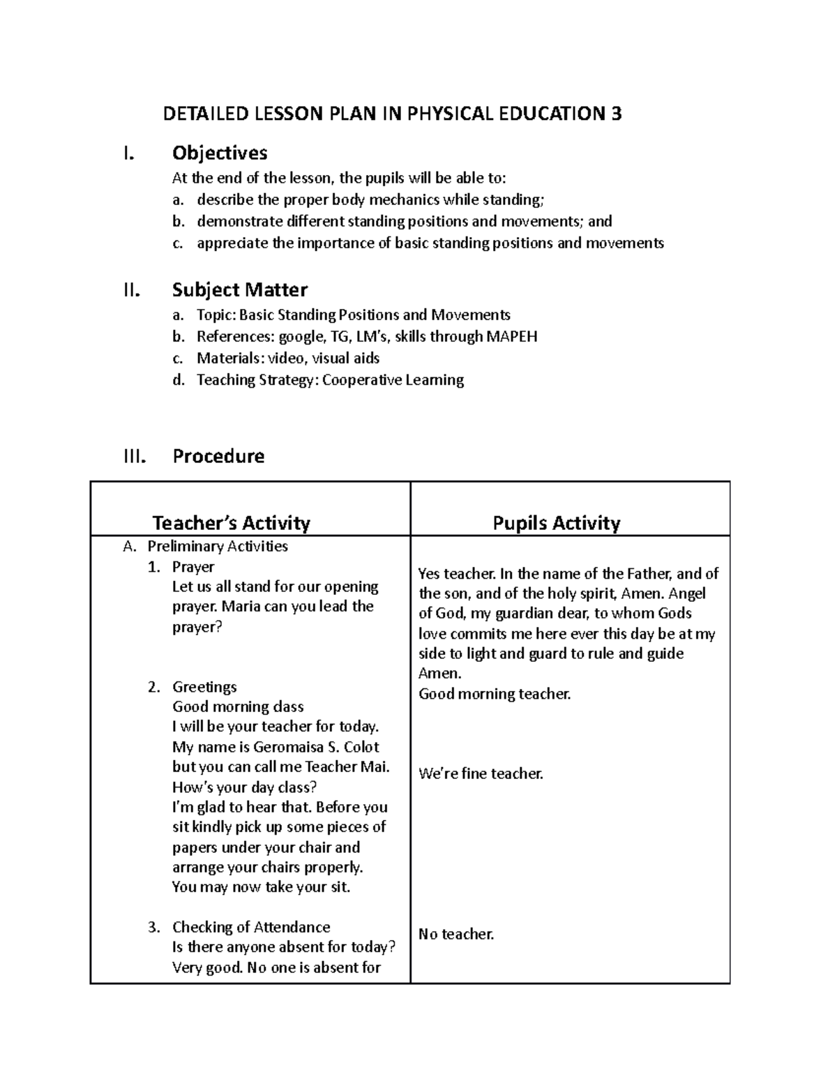 Detailed Lesson PLAN IN PE - DETAILED LESSON PLAN IN PHYSICAL EDUCATION ...