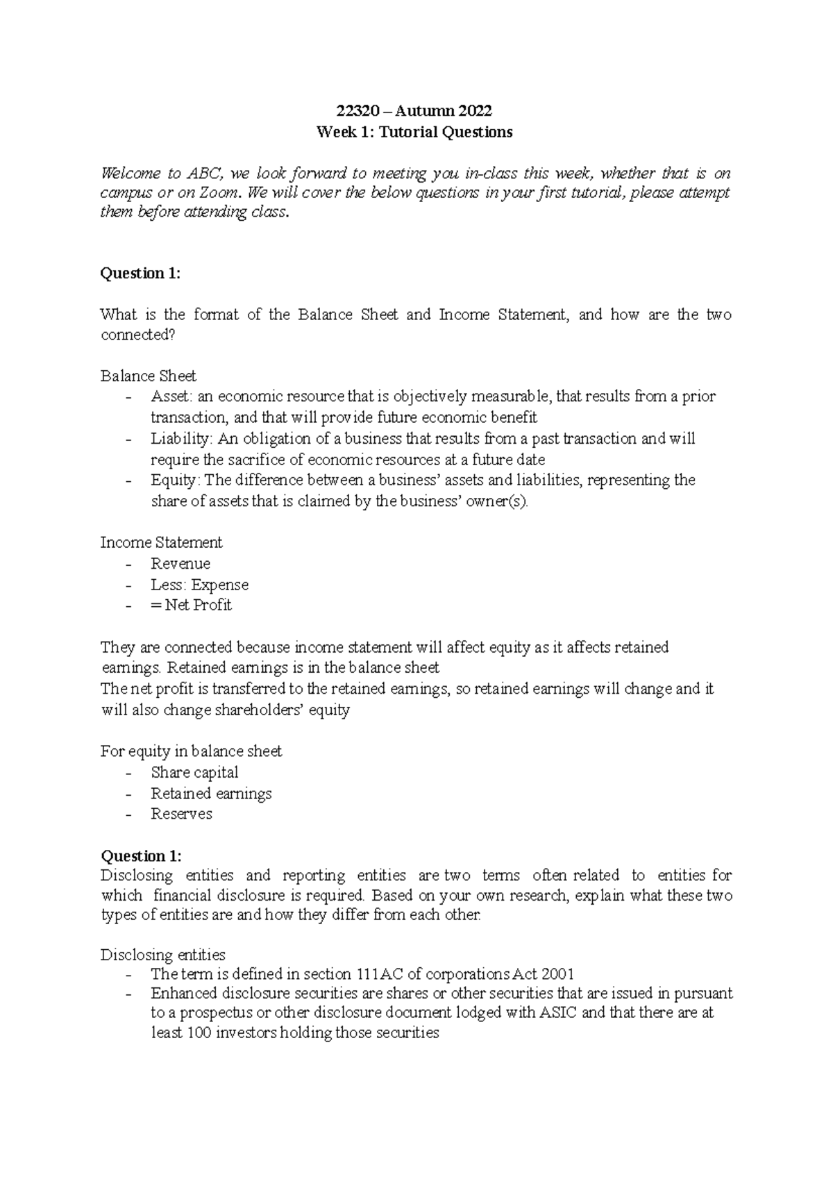 Tutorial 1 - 22320 – Autumn 2022 Week 1: Tutorial Questions Welcome to ...