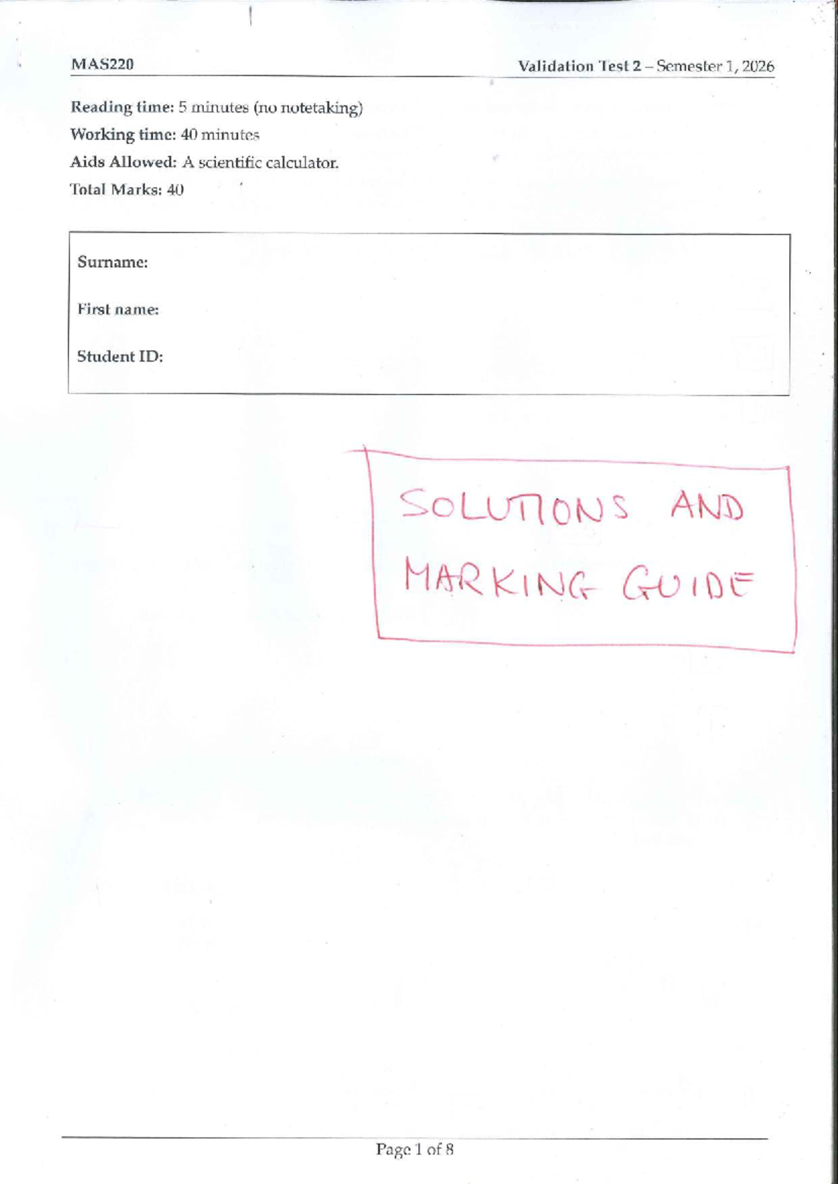 MAS220 Validation Test 2 Solutions - Semester 1, 2026 - Studocu