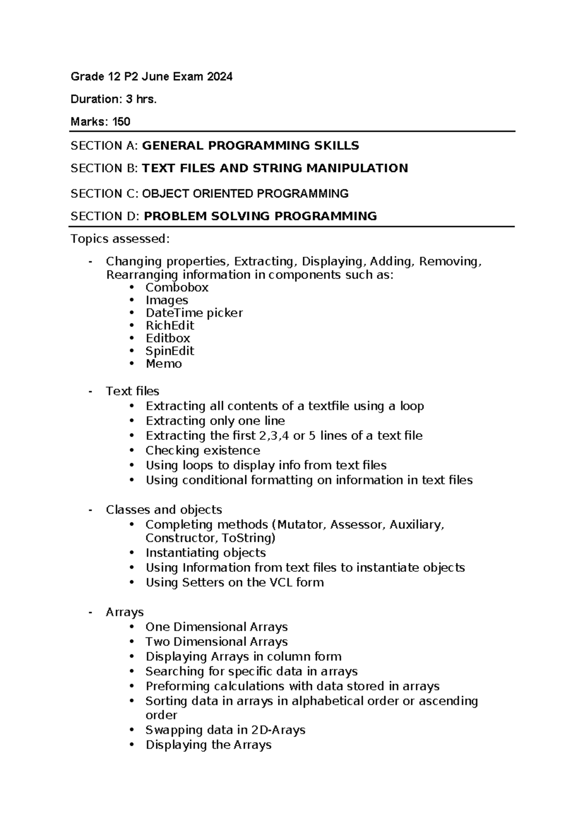Grade 12 P2 June Exam 2024 - Maths Programming Scope and Topics - Studocu