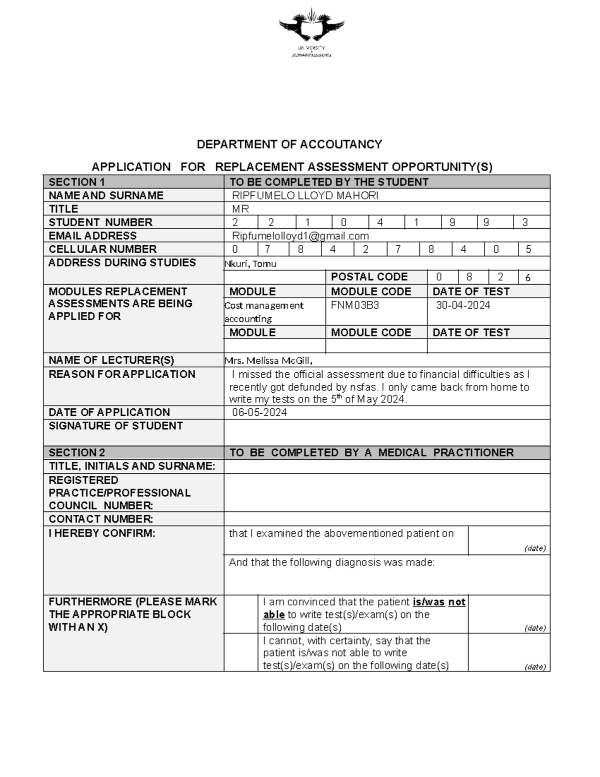 Application for supplementary assessment update 21 09 2022 - DEPARTMENT ...