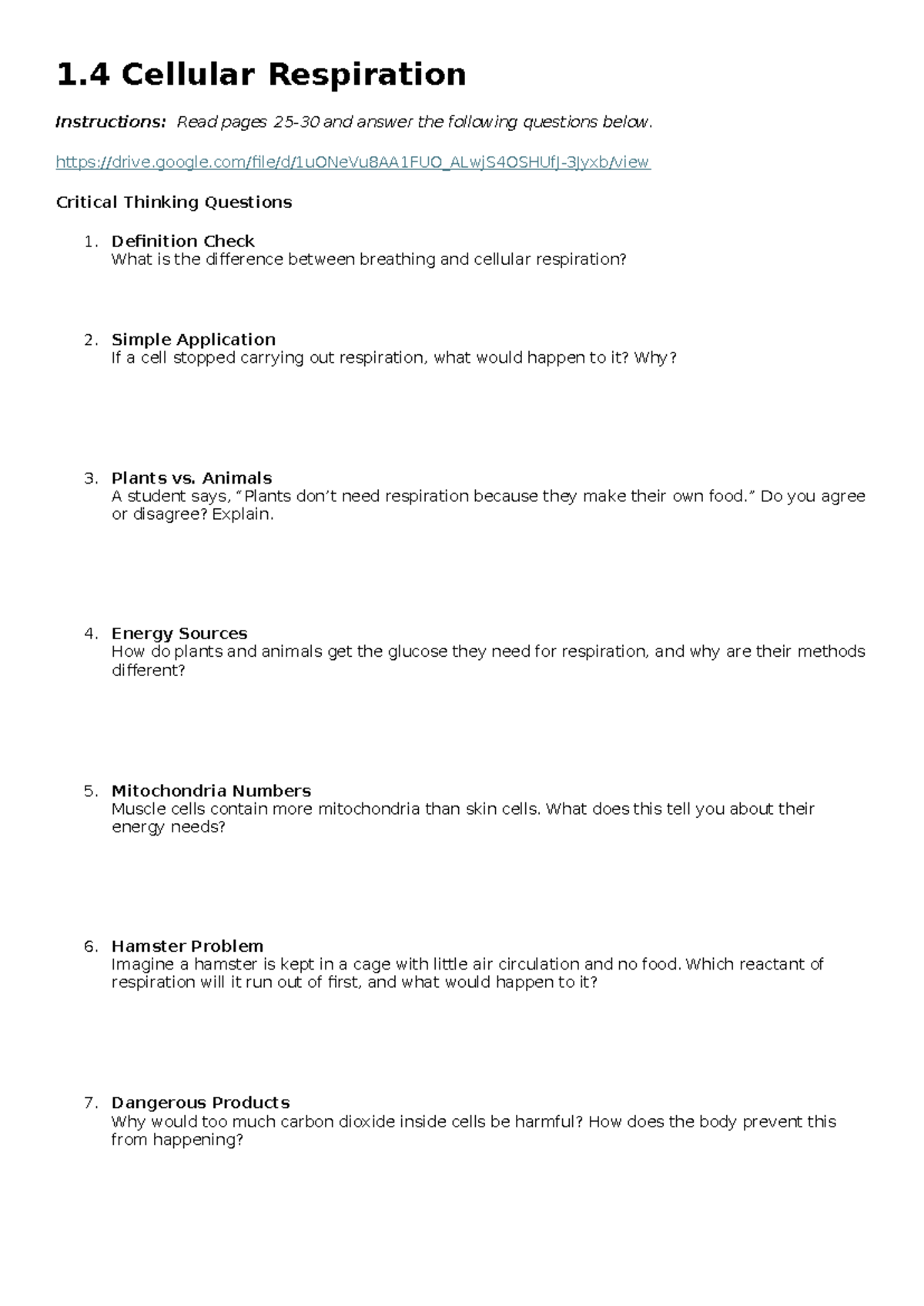 1.4 Cellular Respiration Reading Assignment & Critical Thinking ...