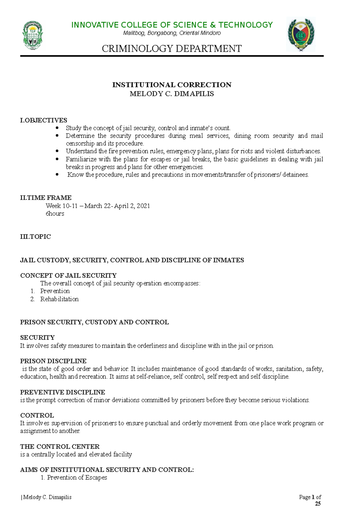 INSTITUTIONAL CORRECTION FINAL EXAM NOTES (CRIM 101) - Studocu