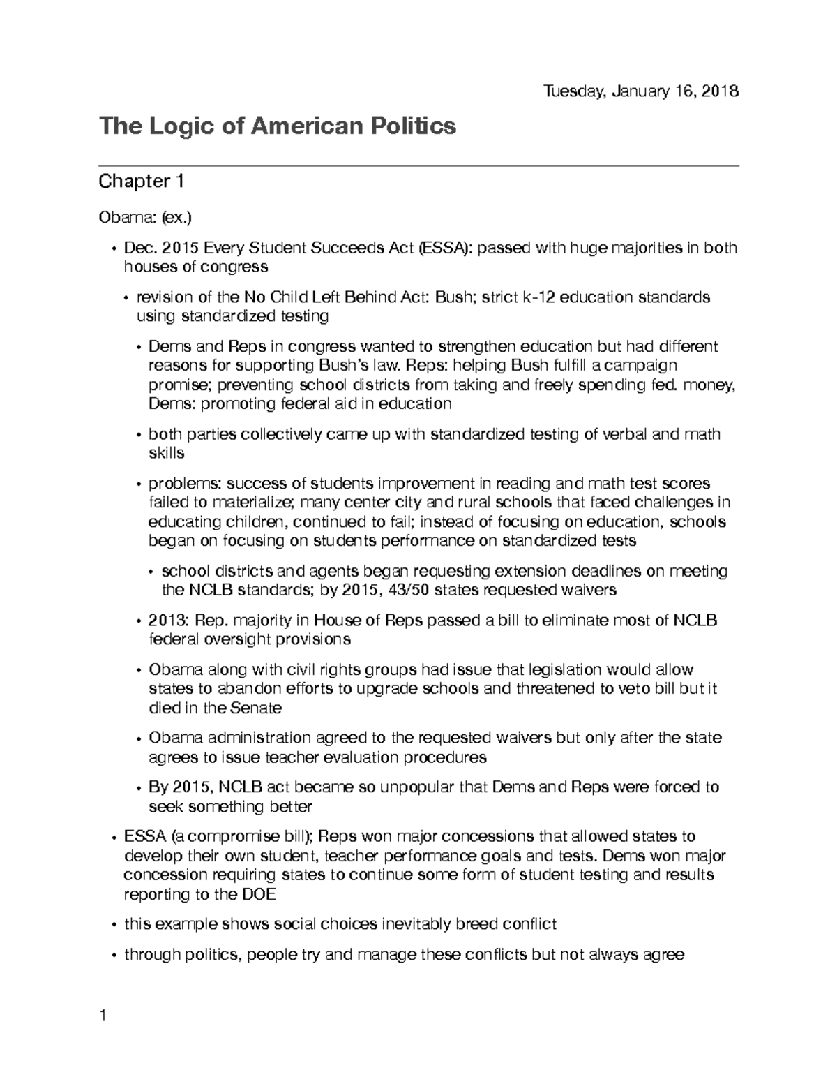 Ch - Lecture notes Chapter 1 - The Logic of American Politics Chapter 1 ...