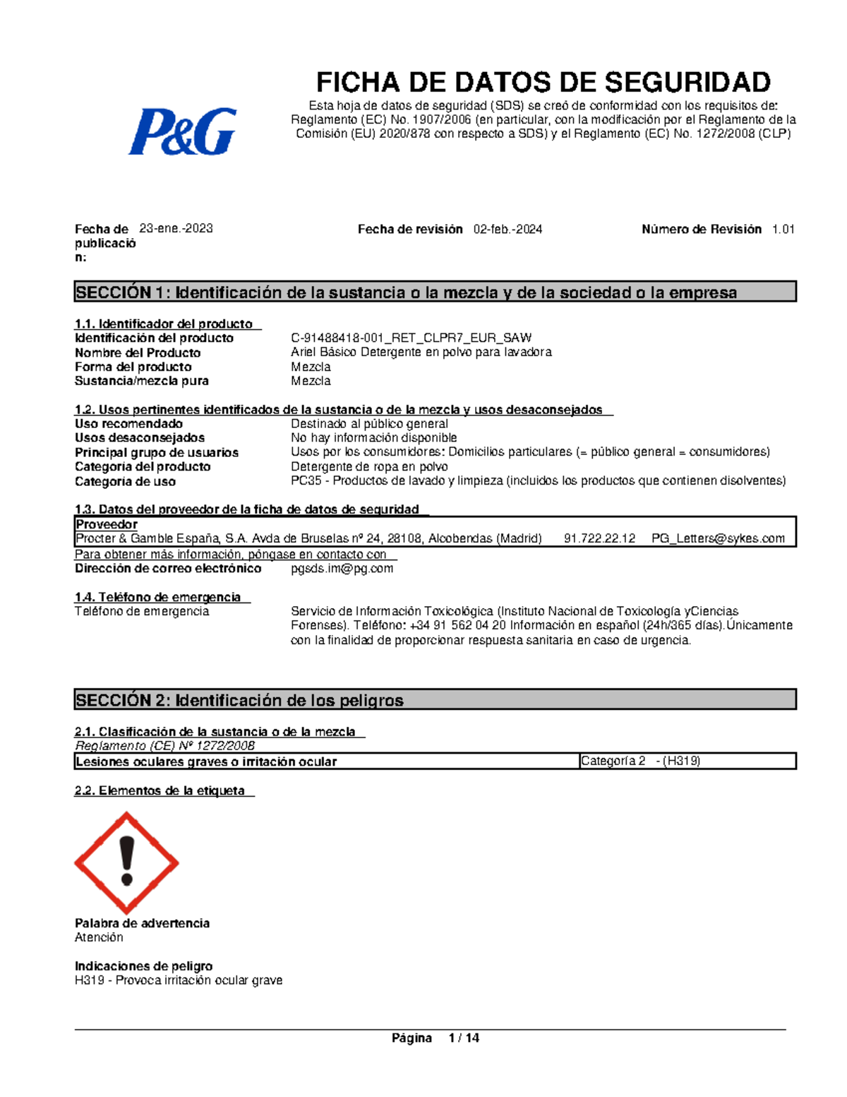Ficha de Datos de Seguridad (SDS) - Detergente en Polvo Ariel - Studocu