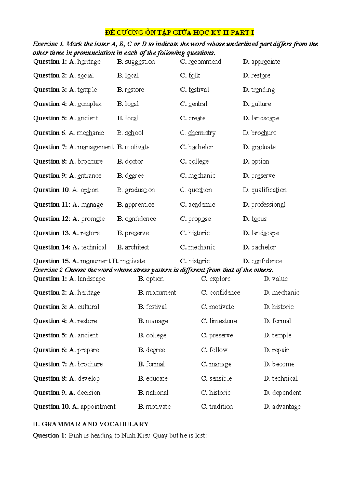 ĐỀ CƯƠNG ÔN TẬP GIỮA HỌC KỲ II - PART I & II Exercises - Studocu