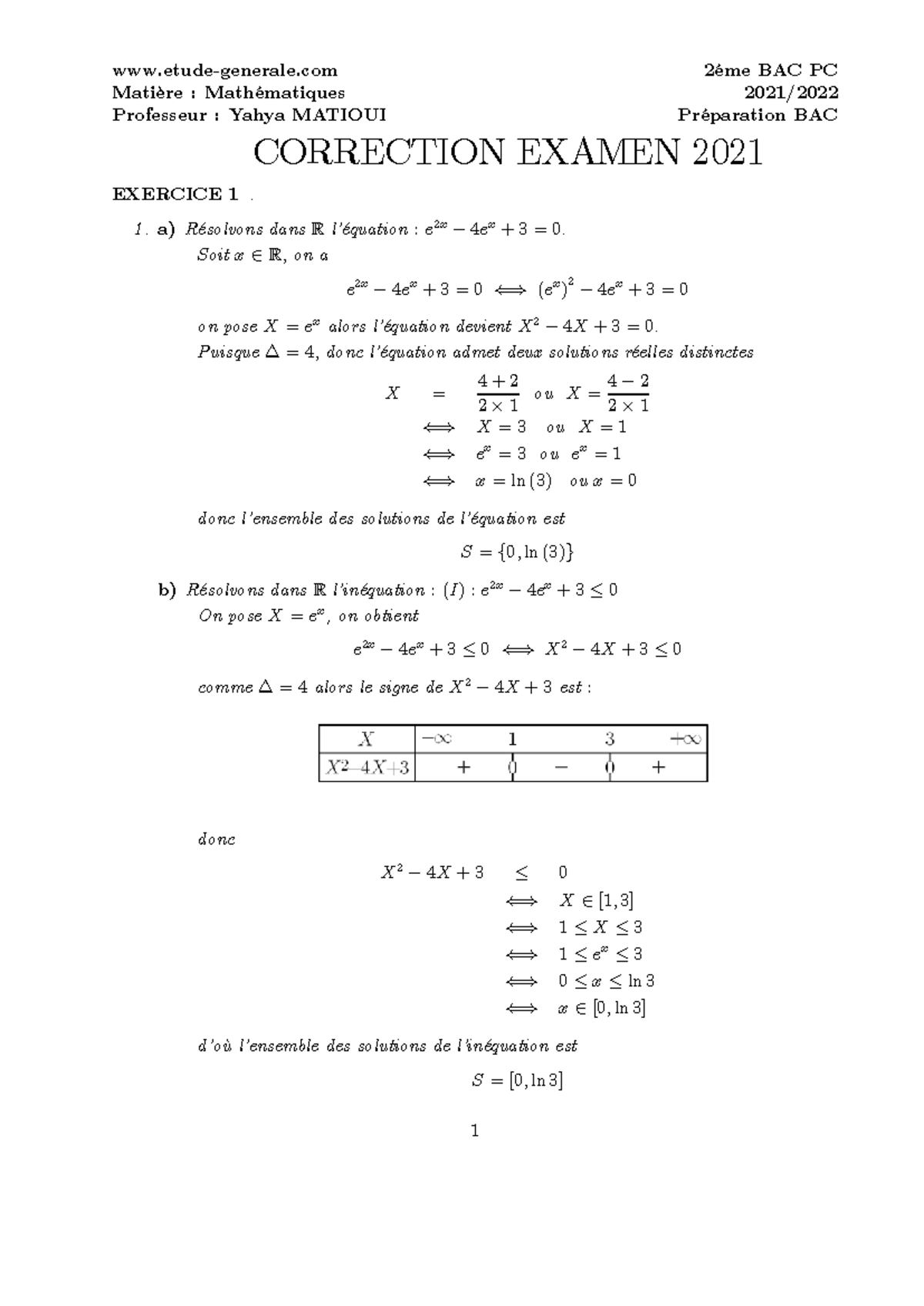 Correction Examen National BAC Maroc Math 2021 - Etude Générale - Studocu