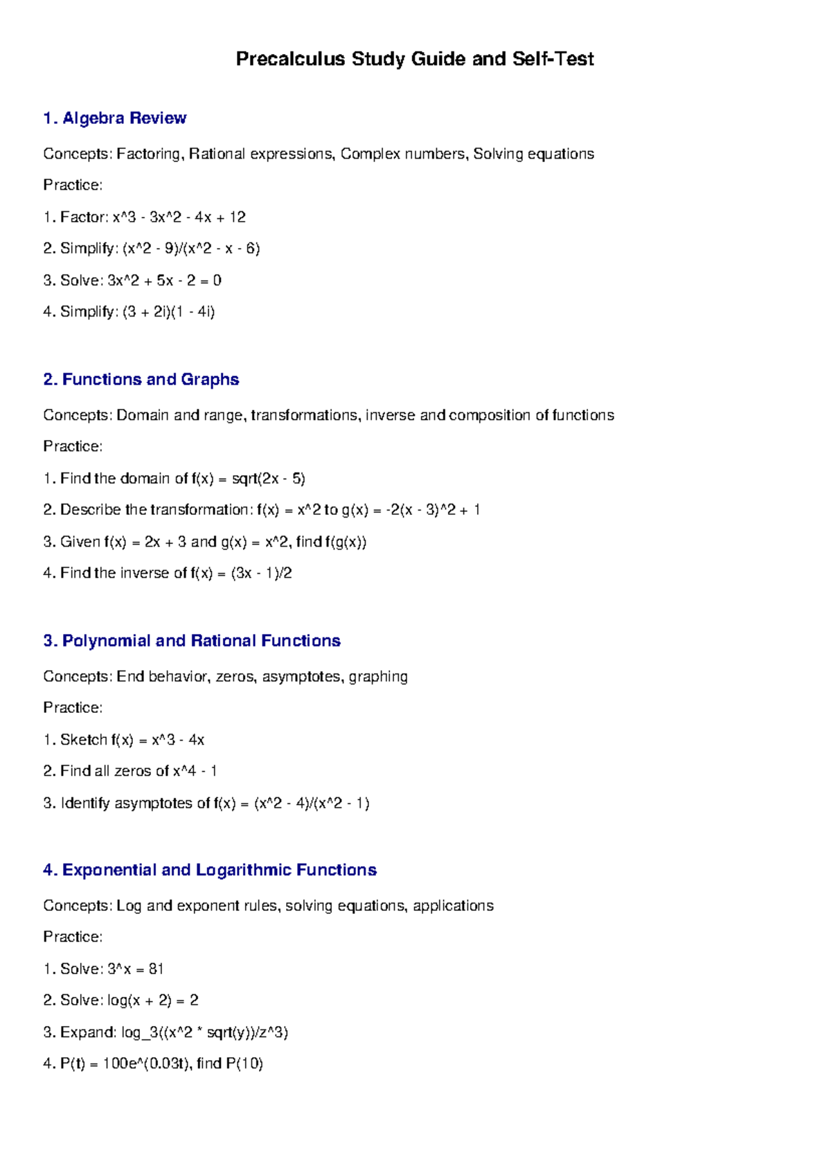 Precalculus Study Guide & Self-Test for Course Code 0495ca4e - Studocu