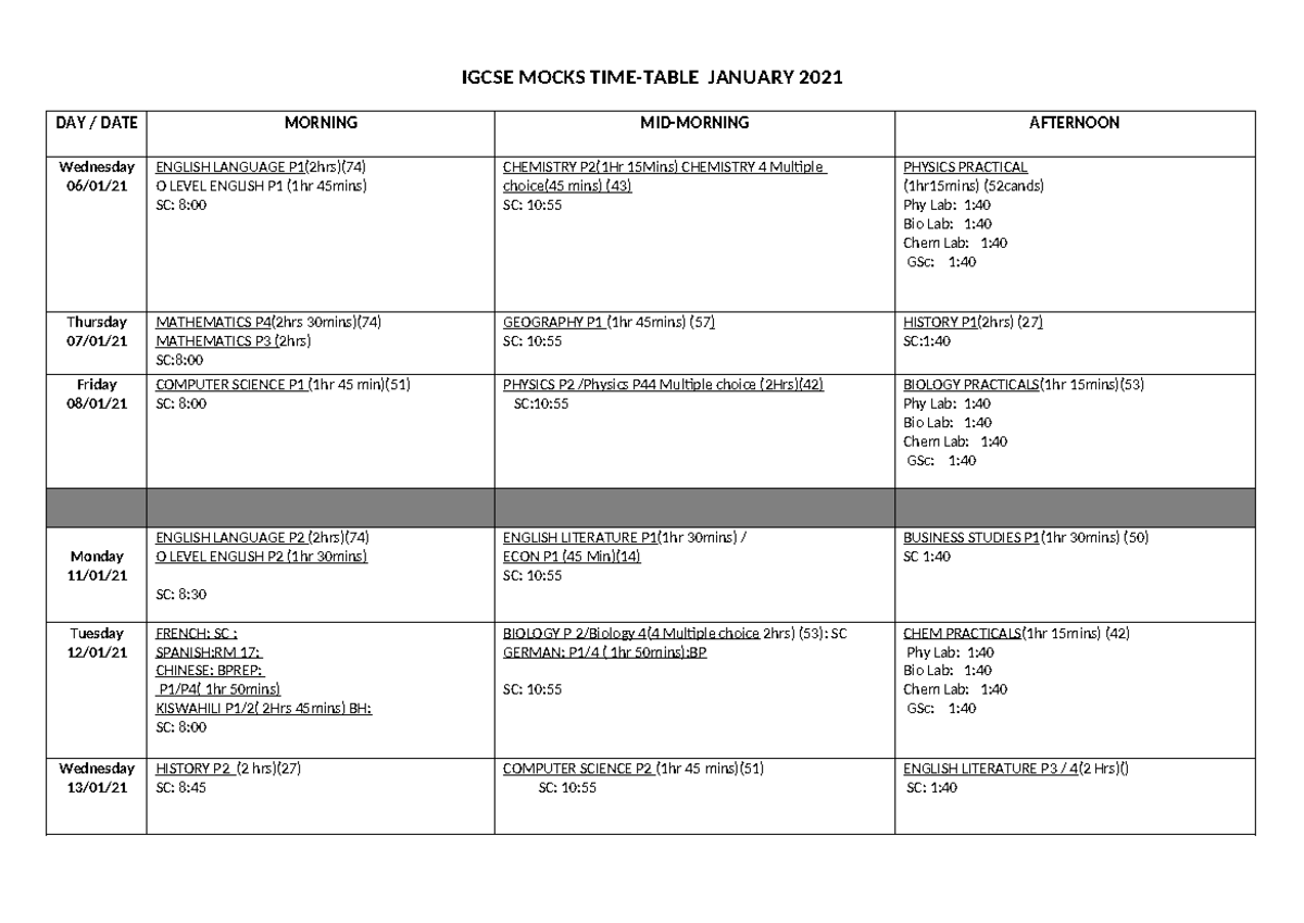 Final 2021 Igcse Mocks Invigilation Timetable - Student COPY - IGCSE ...