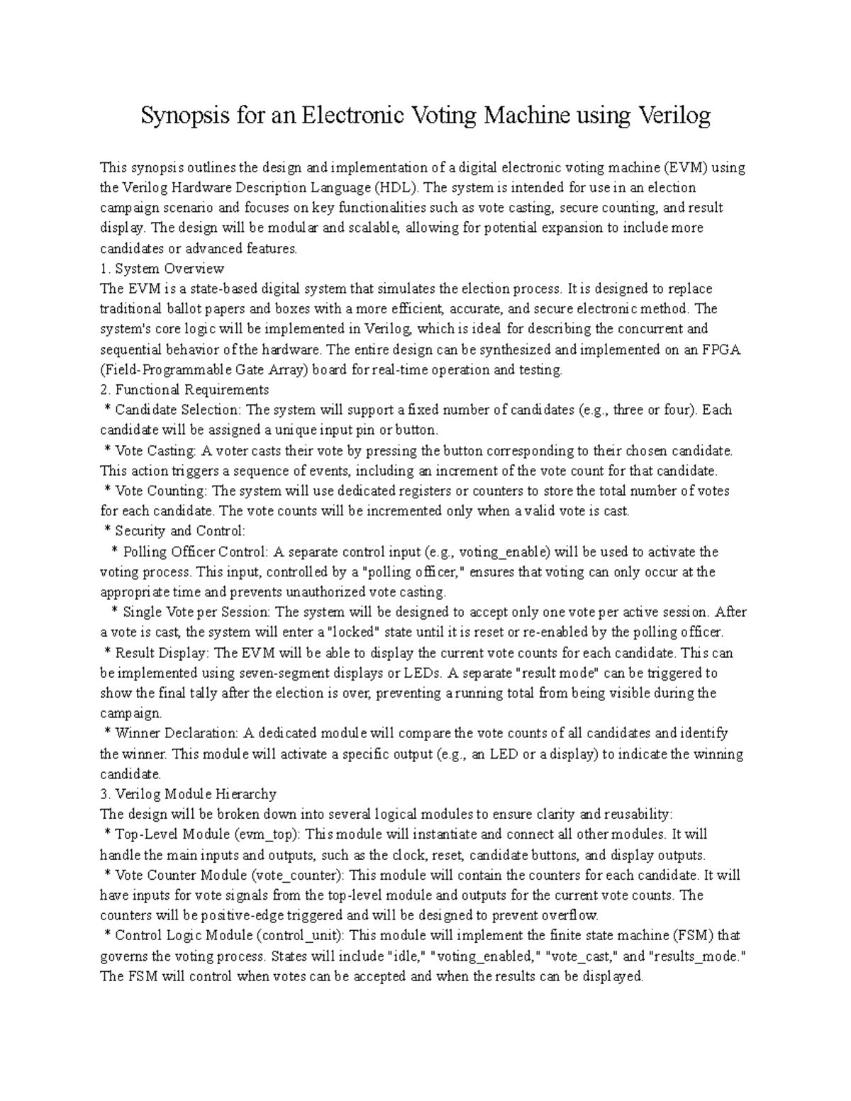 EVM Design Synopsis: Electronic Voting Machine Using Verilog - Studocu