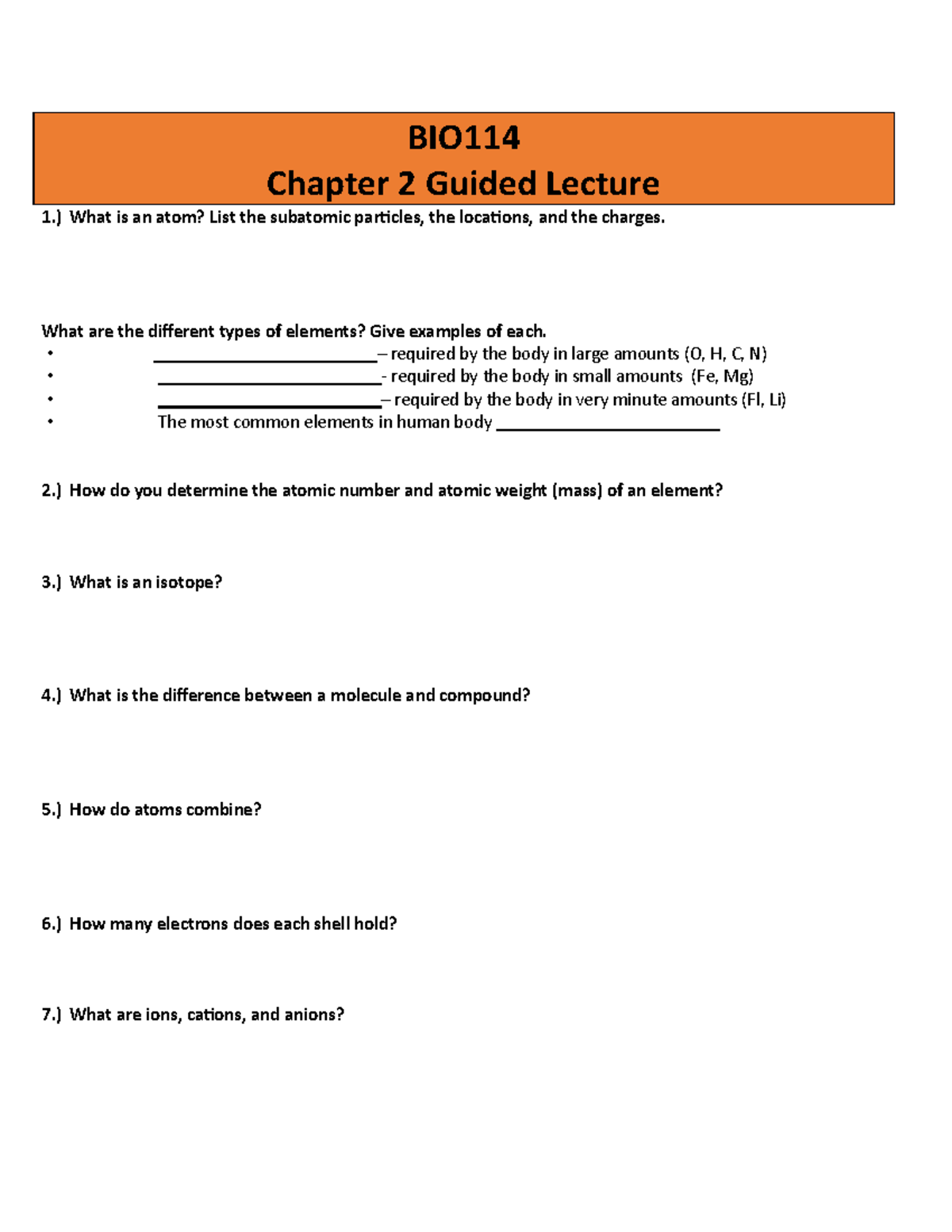 Chapter 2 Guided Lecture Notes - Atom and Chemical Bonds (BIO) - Studocu