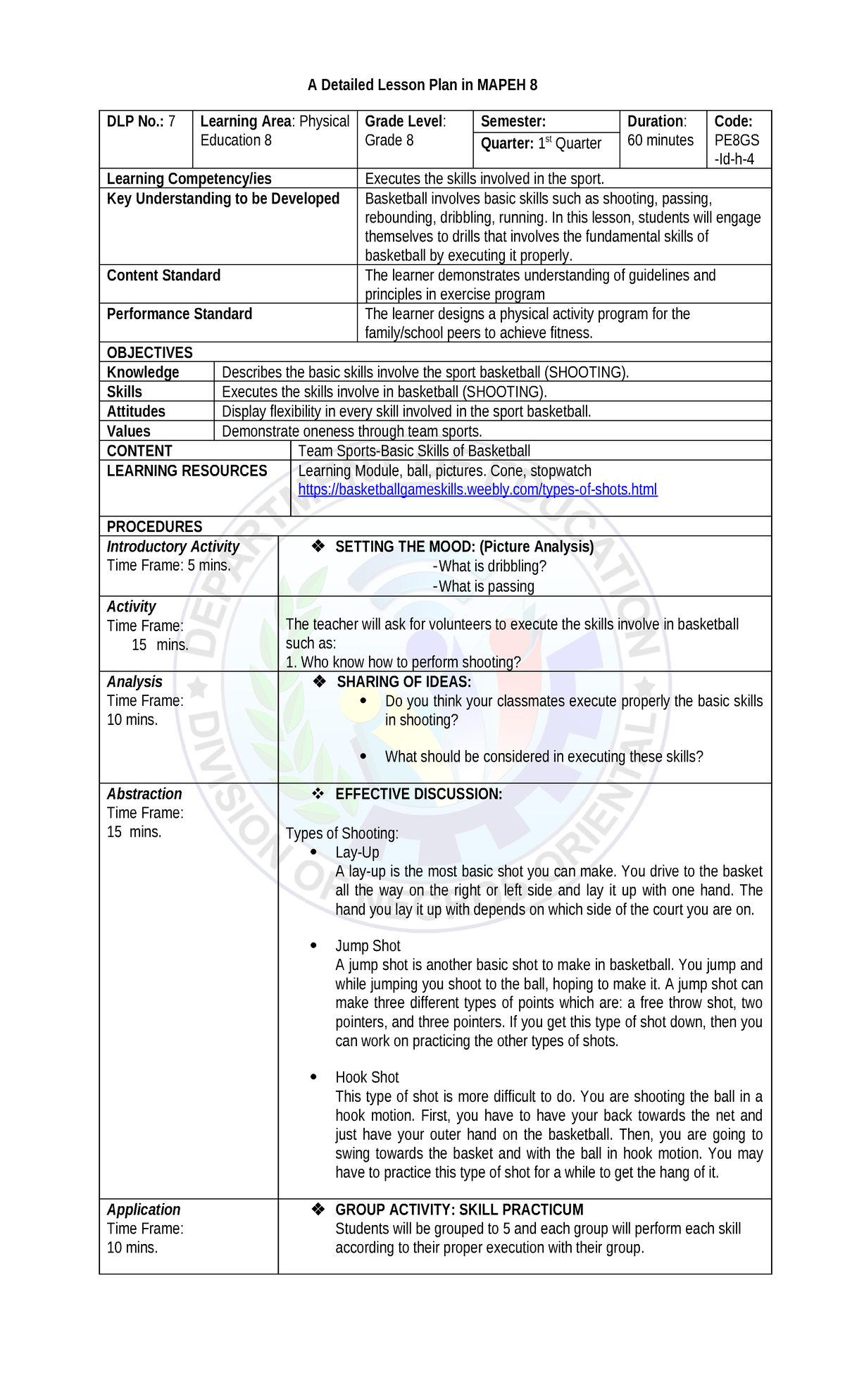 PE8 Q1 DLP7: Detailed Lesson Plan for Basic Basketball Skills - Studocu