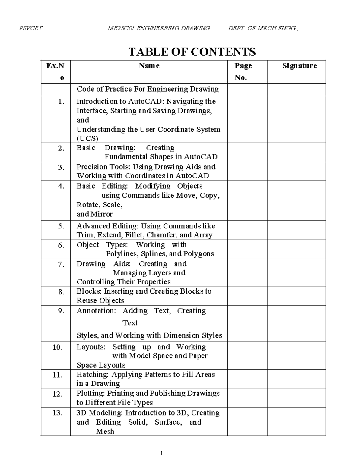 PSVCET ME25C01 Engineering Drawing Lab Manual and Guidelines - Studocu