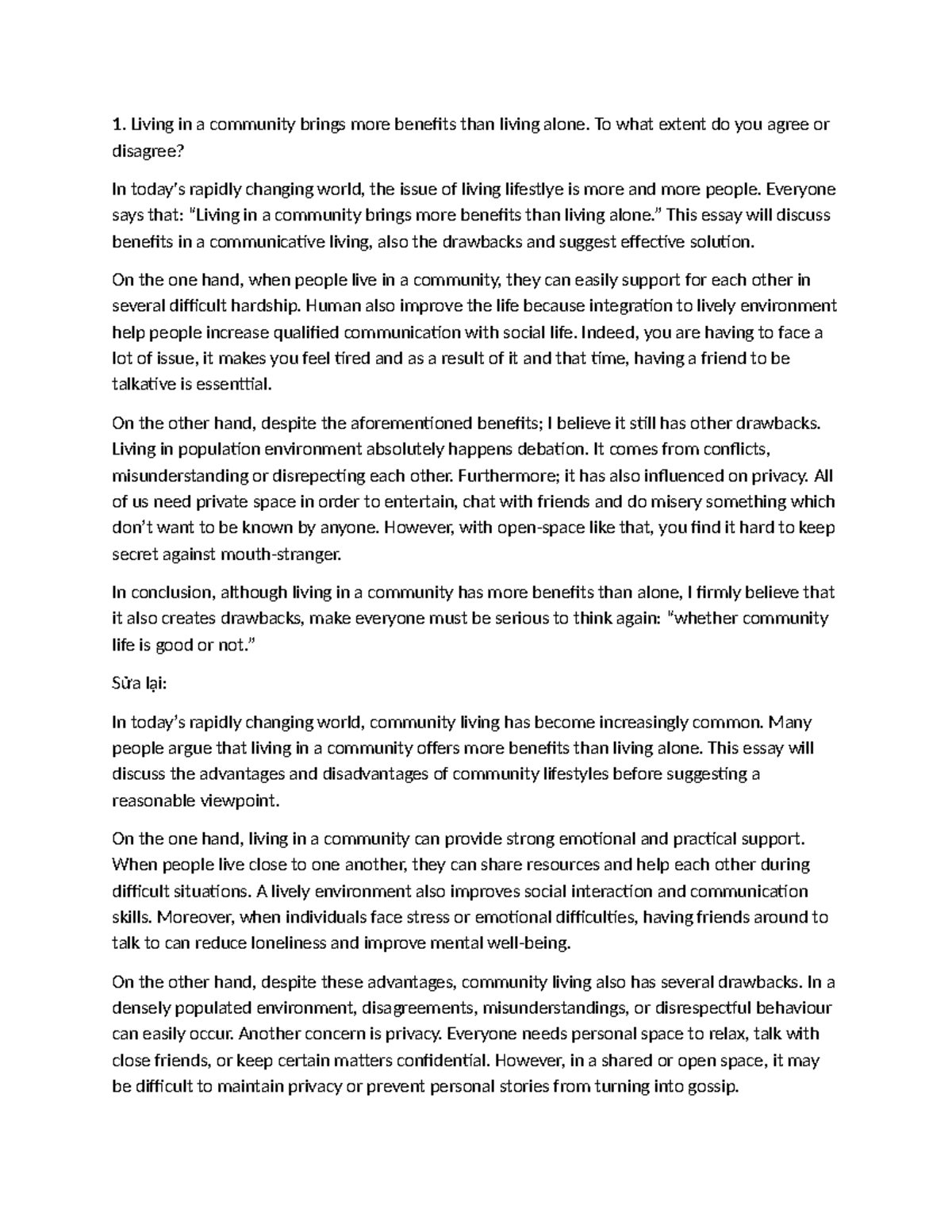 ENG101 Essay: Community Living vs. Living Alone - Studocu