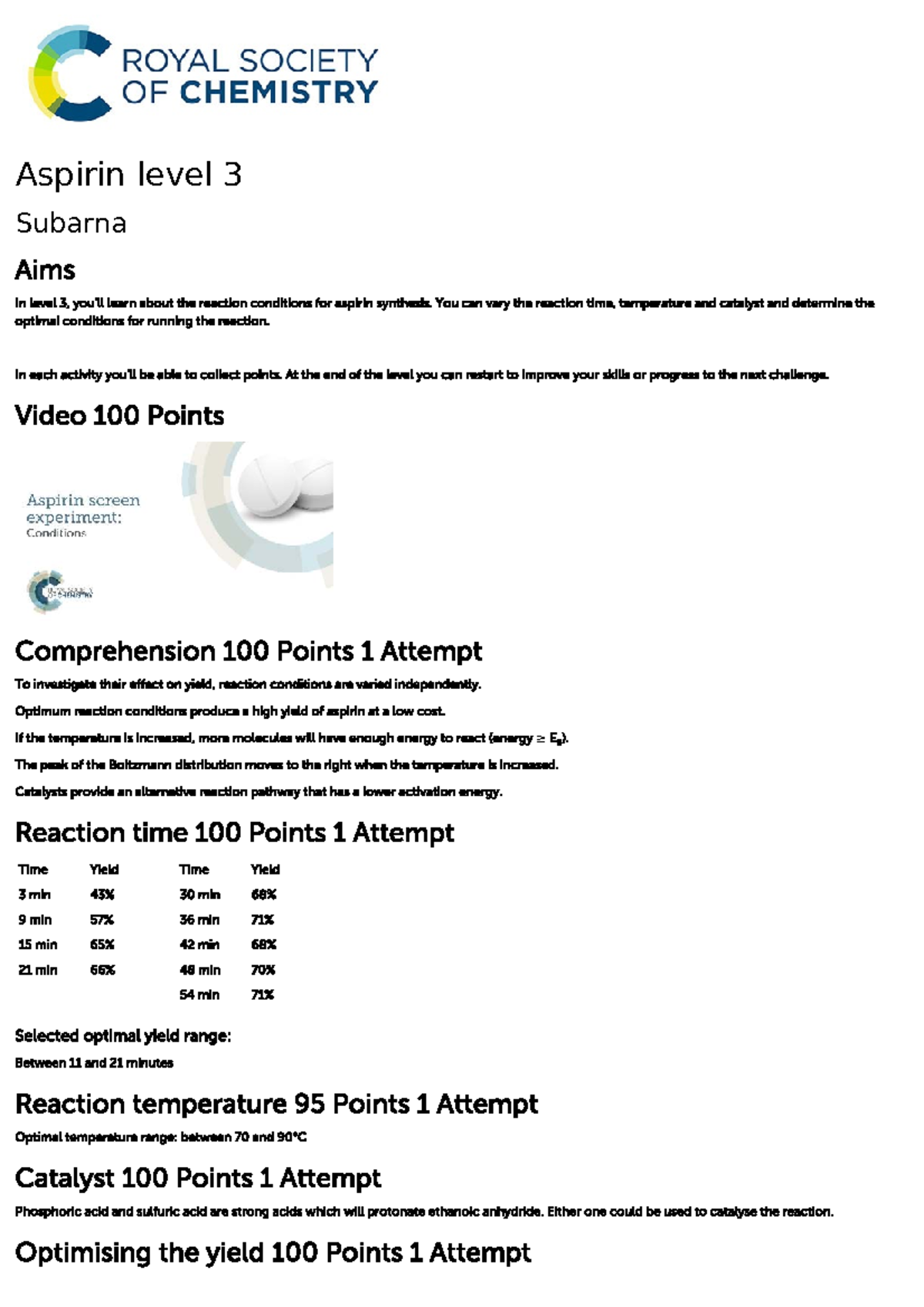 Aspirin Synthesis Lab Notebook Level 3 - RSC Study Guide - Studocu