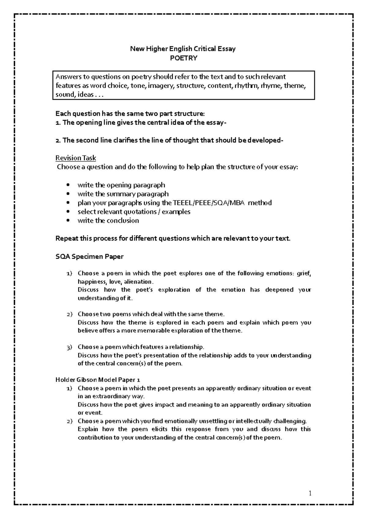 New Higher English Critical Essay Poetry Model Questions & Guidance ...