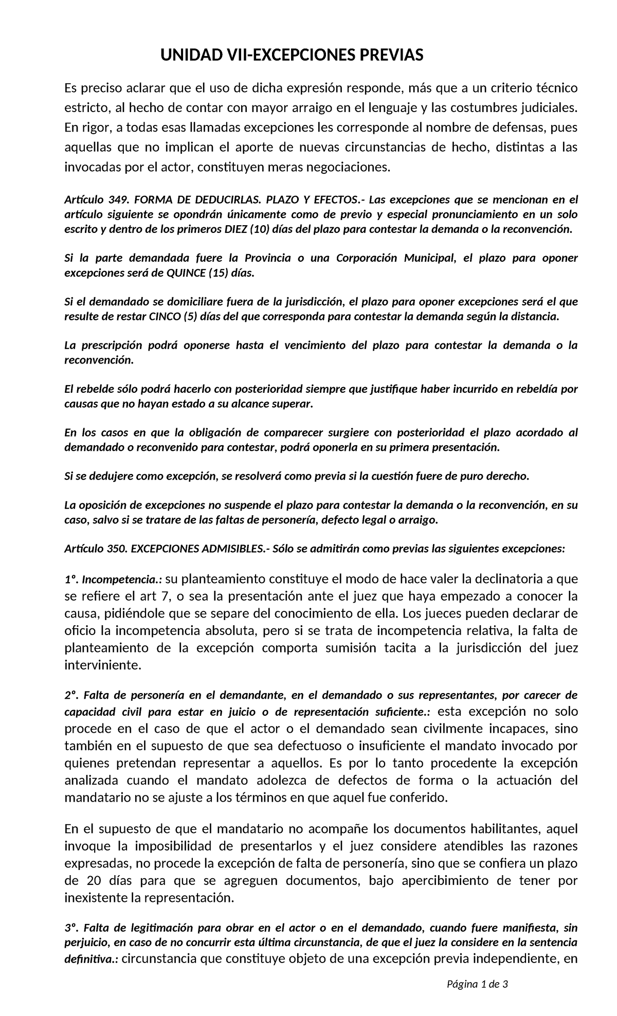 Excepciones Previas en Derecho Procesal - UNIDAD VII - Studocu