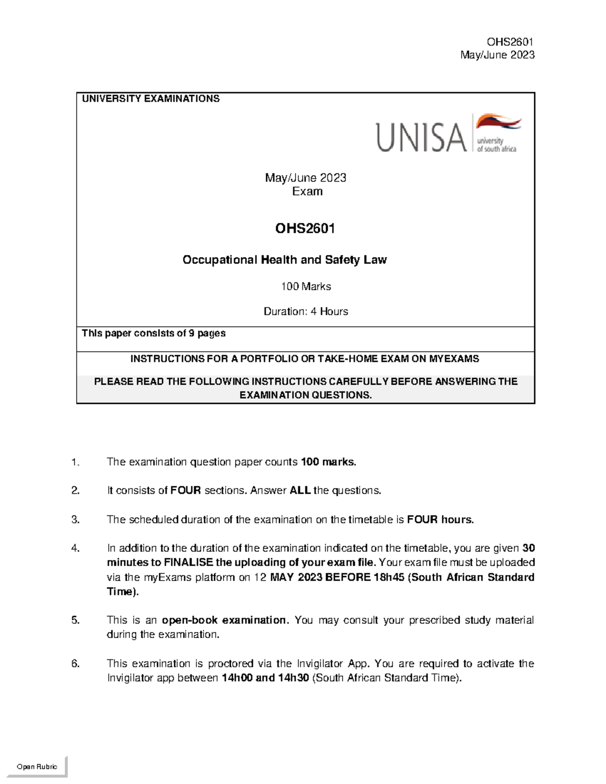 OHS2601 May/June 2023 Examination Guidelines and Instructions - Studocu