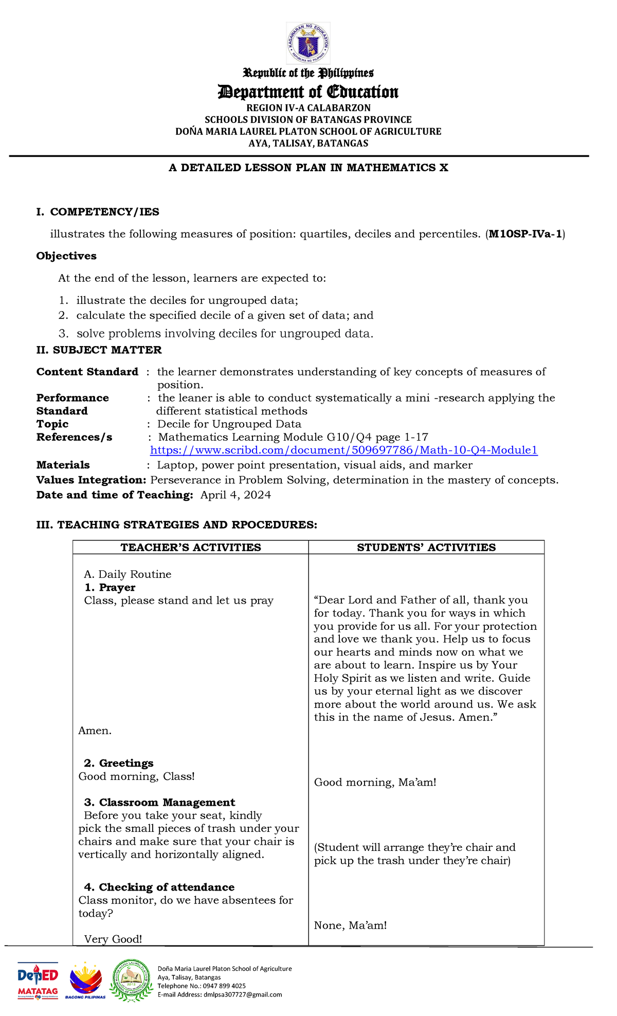 Detailed Lesson Plan: Mathematics X - Understanding Deciles (M10SP-IVa ...