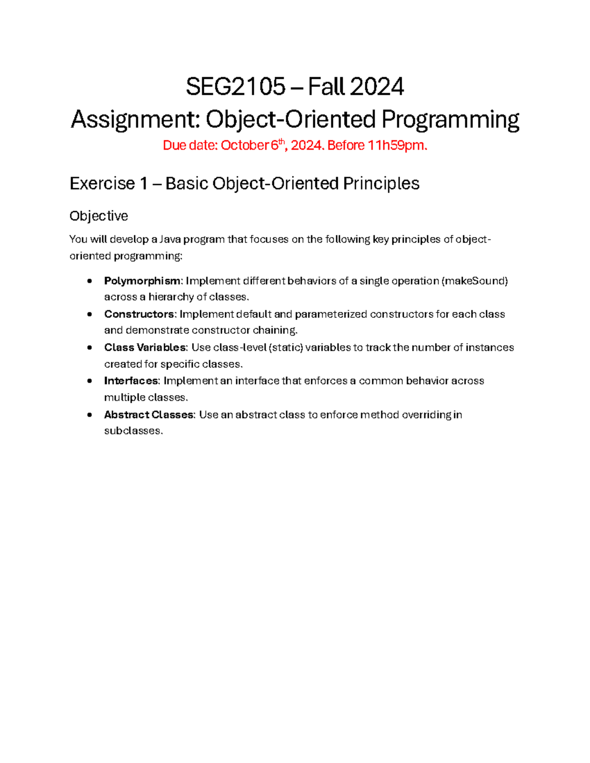 SEG2105 Fall 2024 Assignment 1: OOP Principles in Java Programming - Studocu