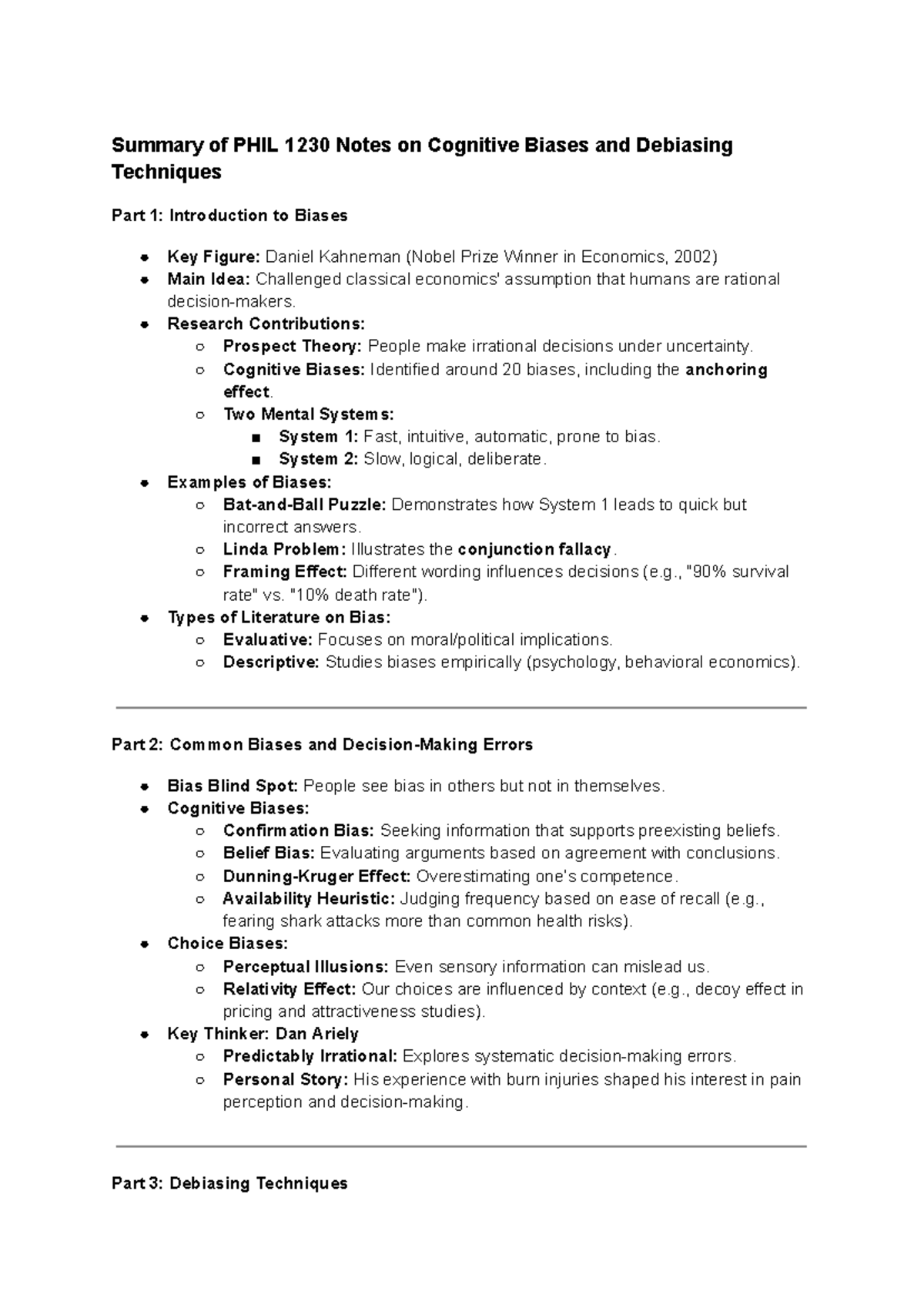 Summary of PHIL 1230 Cognitive Biases & Debiasing Techniques - Studocu