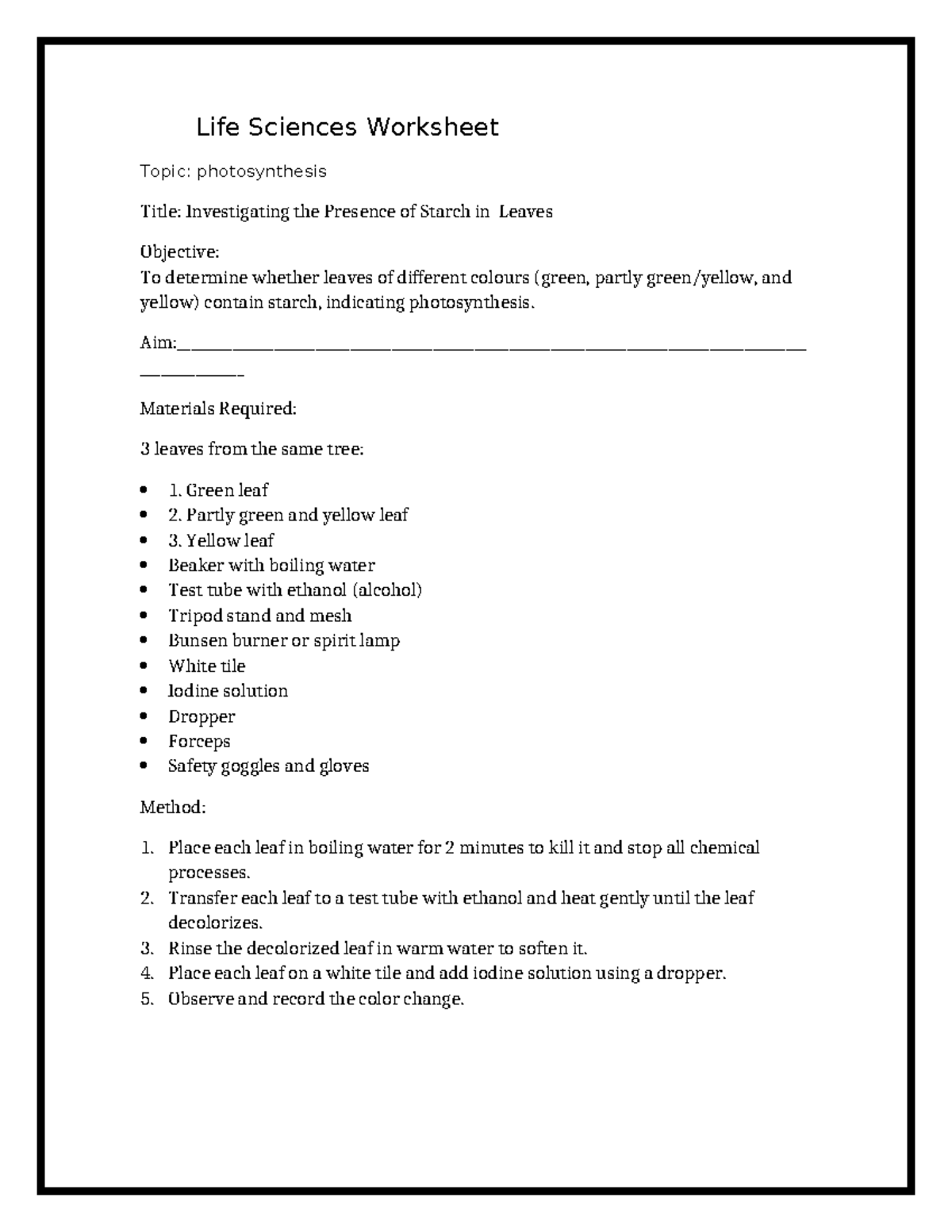 Life Sciences Worksheet: Autumn Leaf Starch Test on Photosynthesis ...