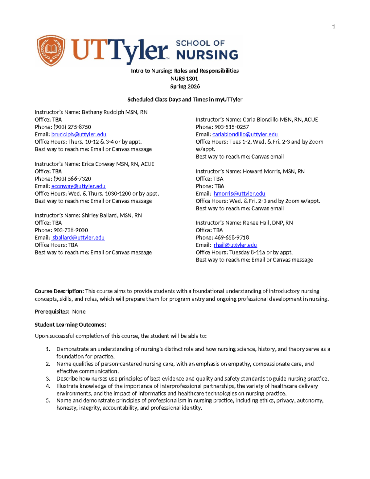 NURS 1301 Spring 2026: Intro to Nursing Syllabus and Course Details ...