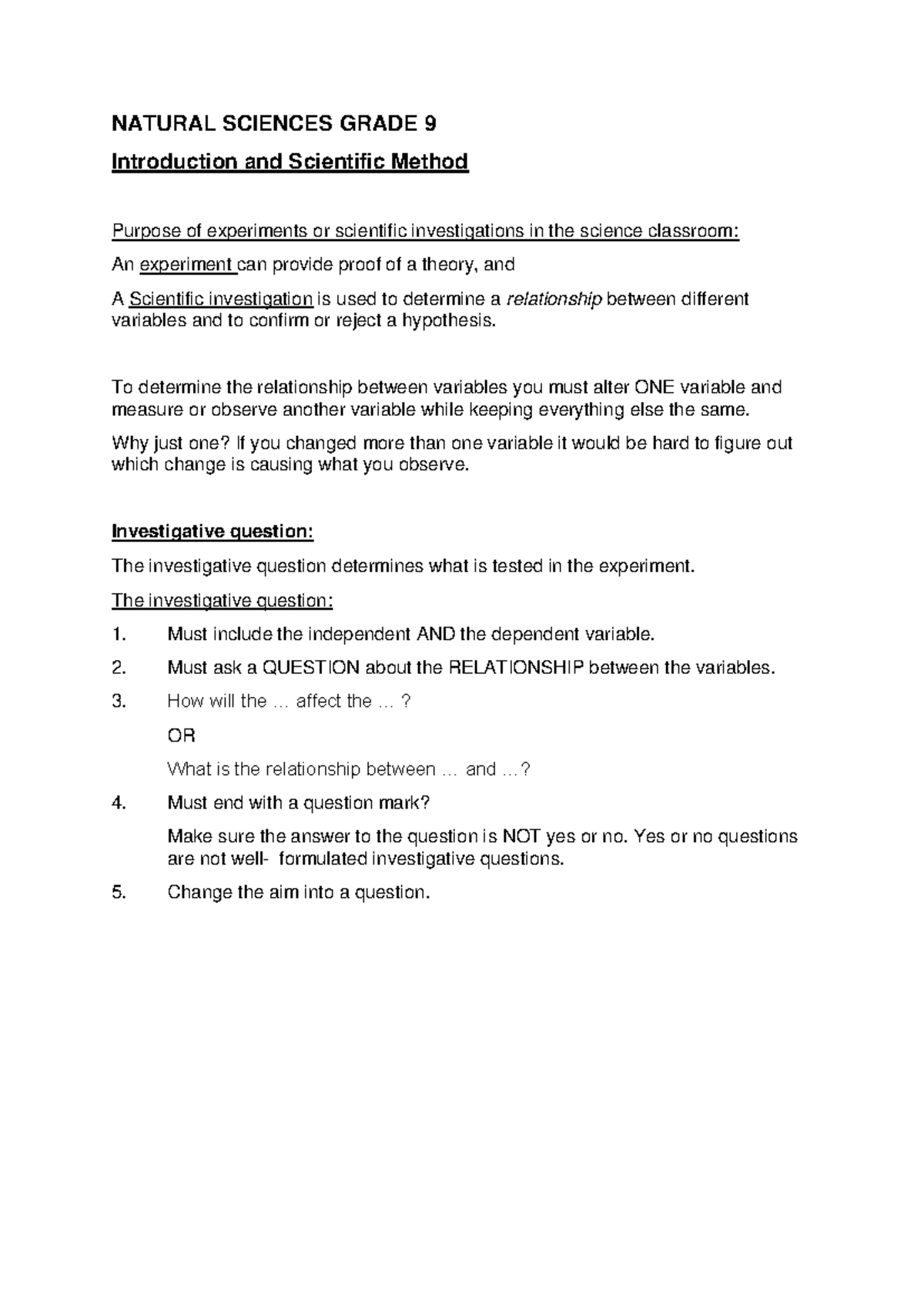 NATURAL SCIENCES GRADE 9: Introduction to the Scientific Method - Studocu