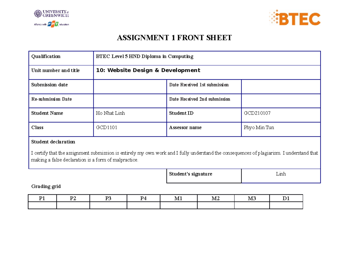 RQF-update Assignment Front Sheet -2020 PP - ASSIGNMENT 1 FRONT SHEET ...