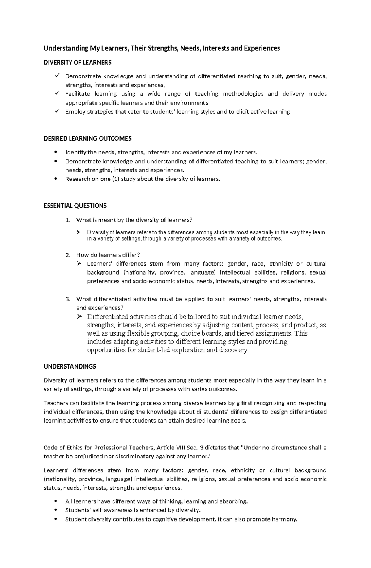 DIVERSITY OF LEARNERS: Understanding Strengths, Needs & Interests - Studocu