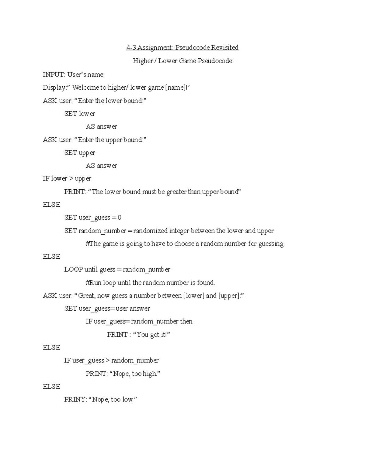 4-3 Assignment: Pseudocode for Higher/Lower Game Logic - Studocu