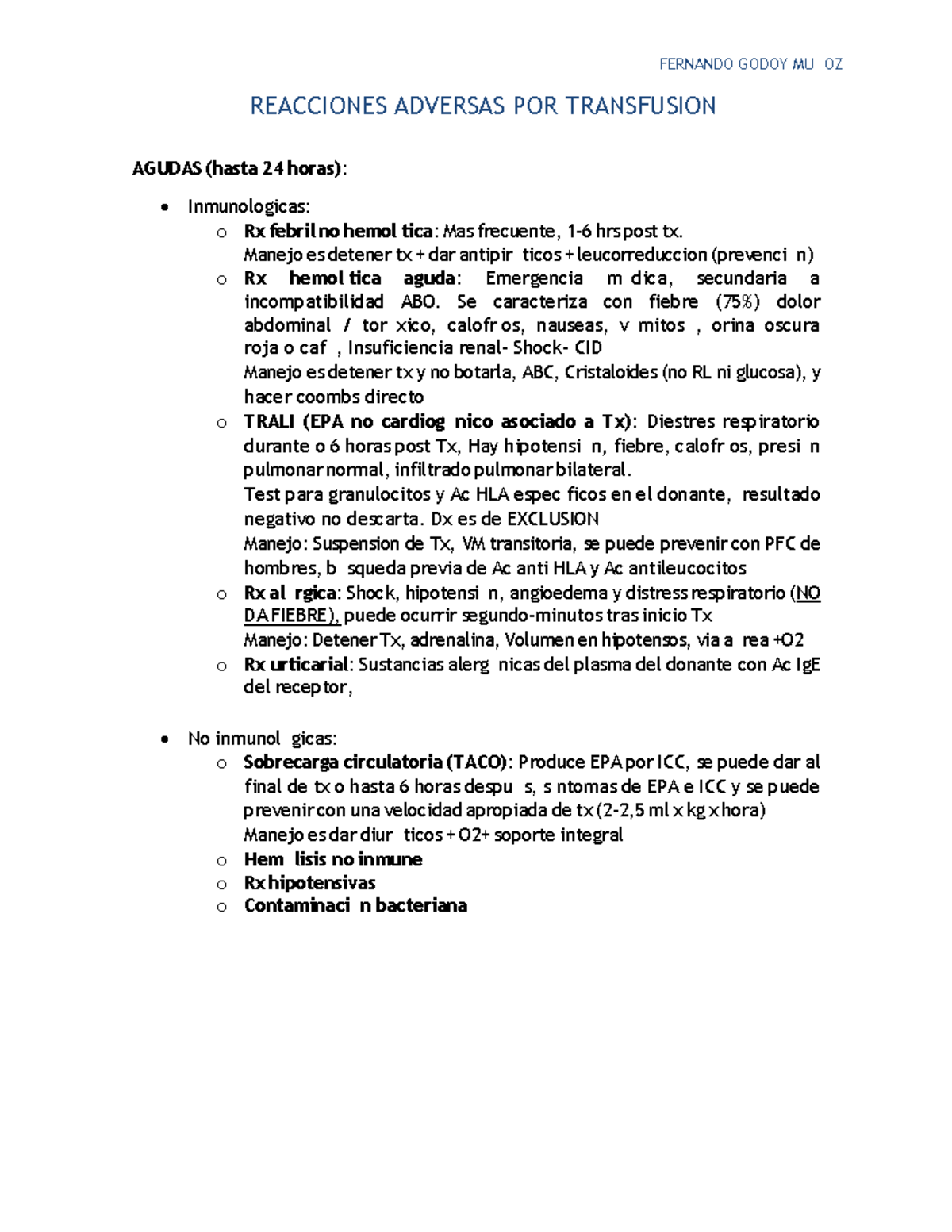 Reacciones Adversas por Transfusión Agudas: Manejo y Prevención - Studocu