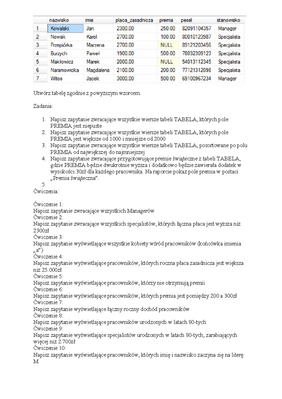 Zadania praktyczne z SQL: TABELA i zapytania do danych - Studocu
