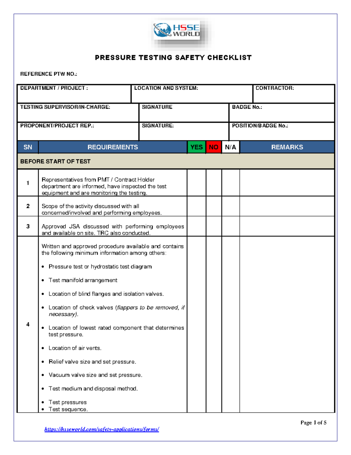 Pressure Testing Safety Checklist: PTW No. Reference and Guidelines ...