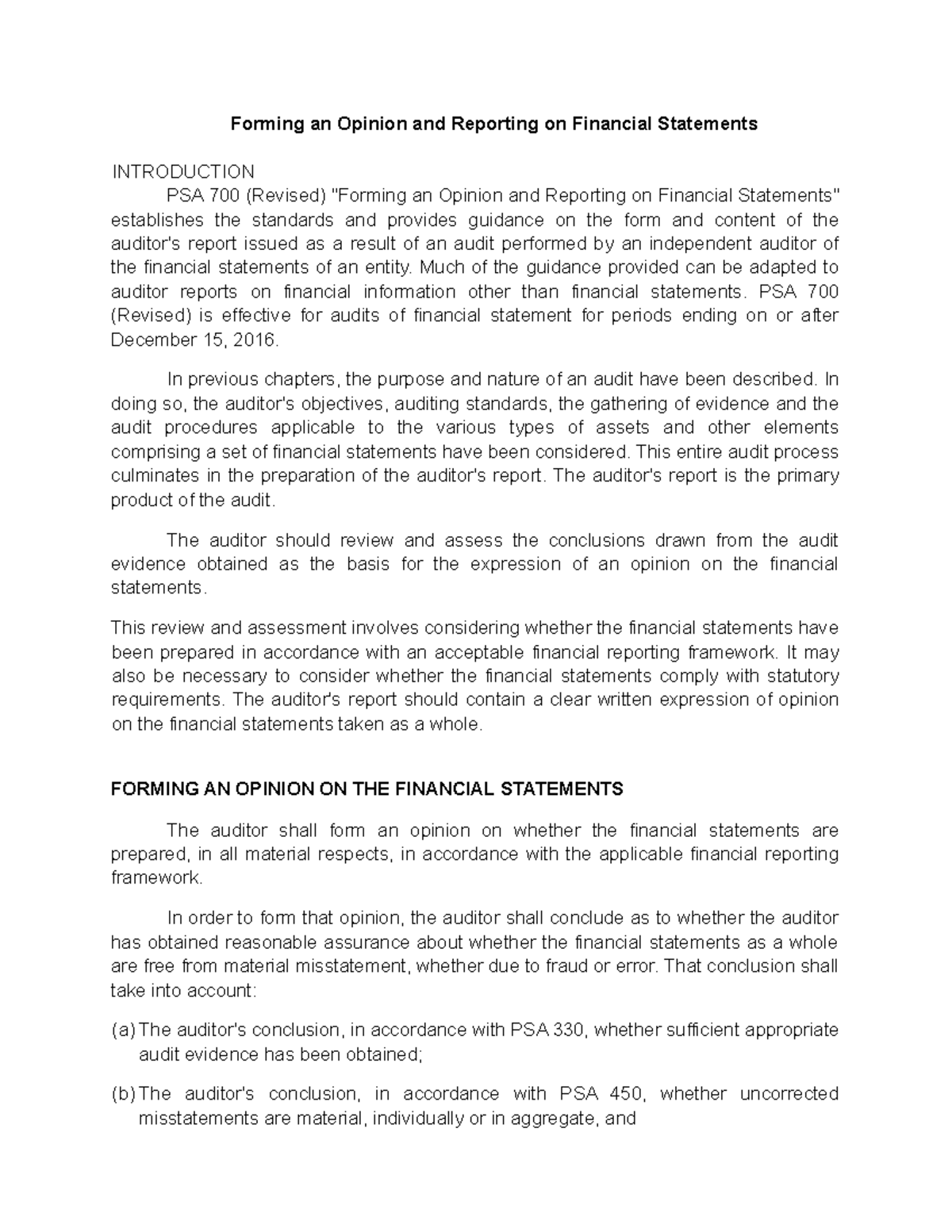 Forming an Opinion and Reporting on Financial Statements - Forming an Opinion and Reporting on ...