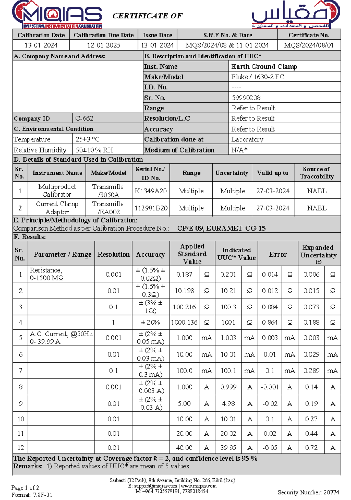 Calibration Certificate for Earth Ground Clamp Fluke 1630-2 FC - Studocu