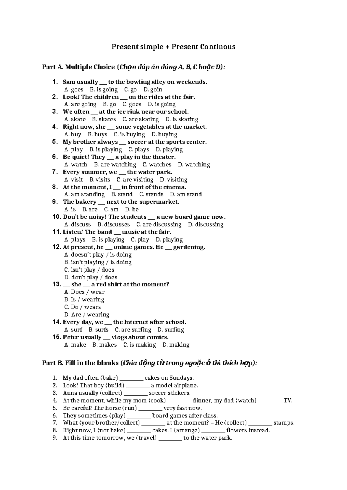 Present Simple & Present Continuous MCQ and Fill-in-the-Blanks - Studocu