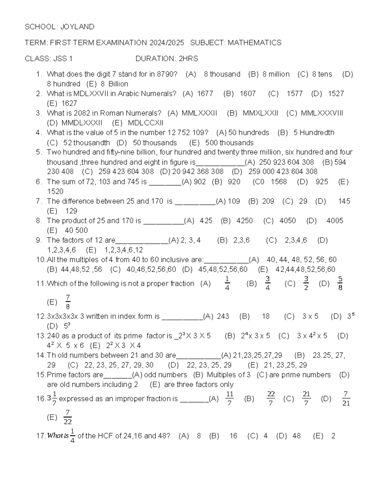 JSS 1 First Term Mathematics Exam Questions 2024-2025 - Studocu